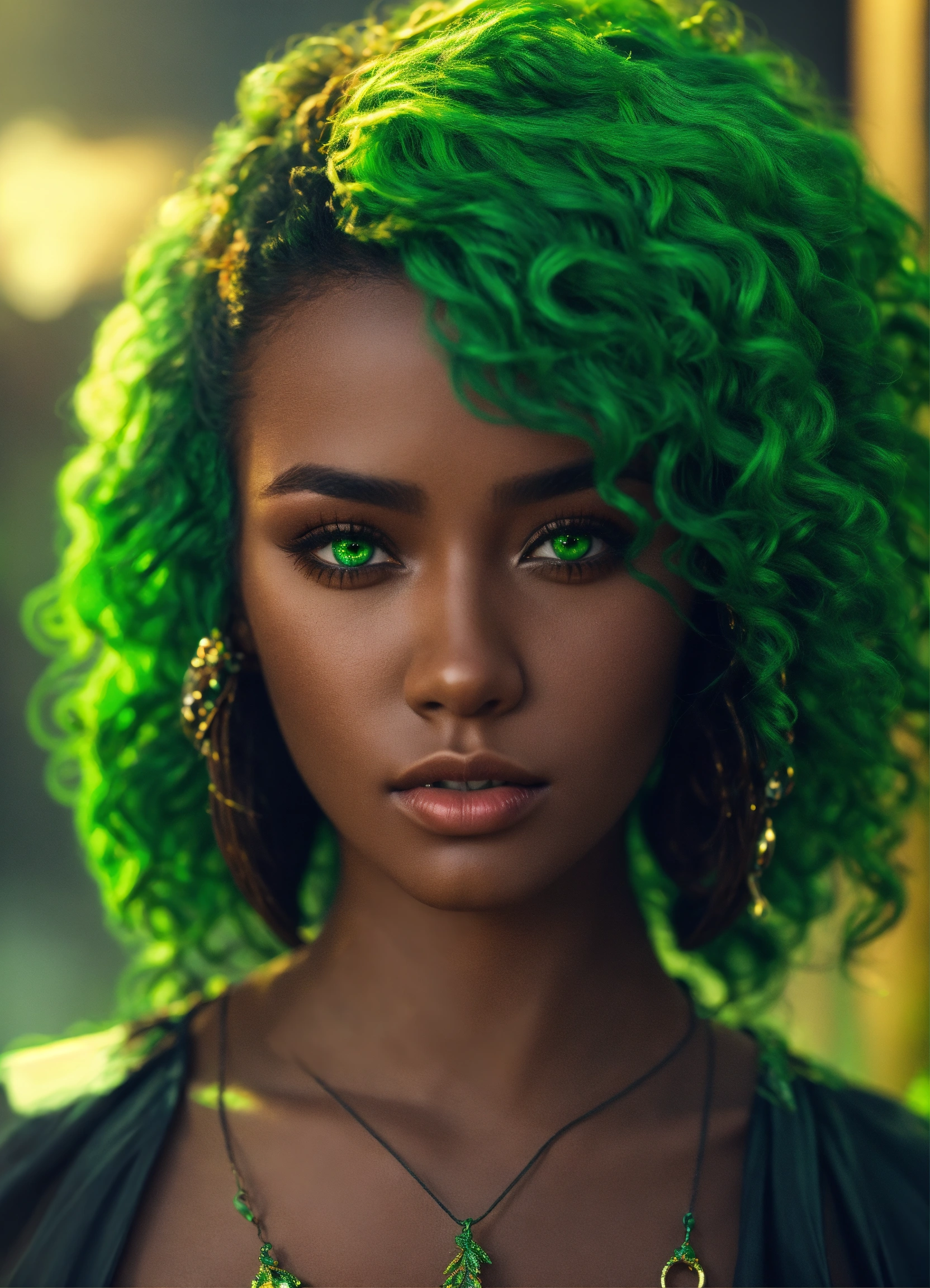 Lexica - Black women green hair green eyes fantasy 4k