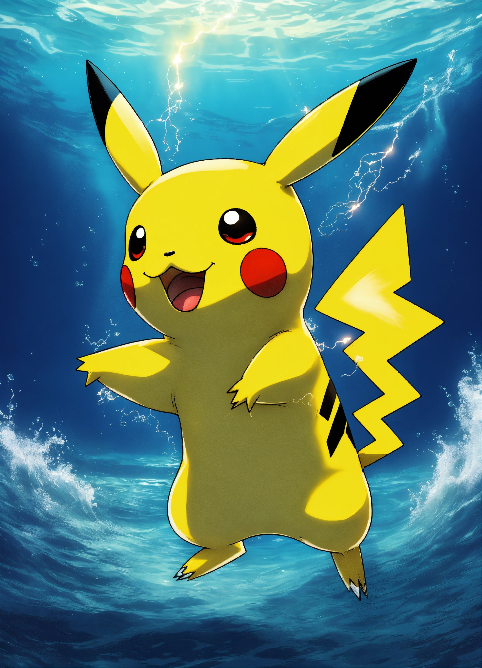 Lexica - Pikachu swimming in the sea WITH electrical current