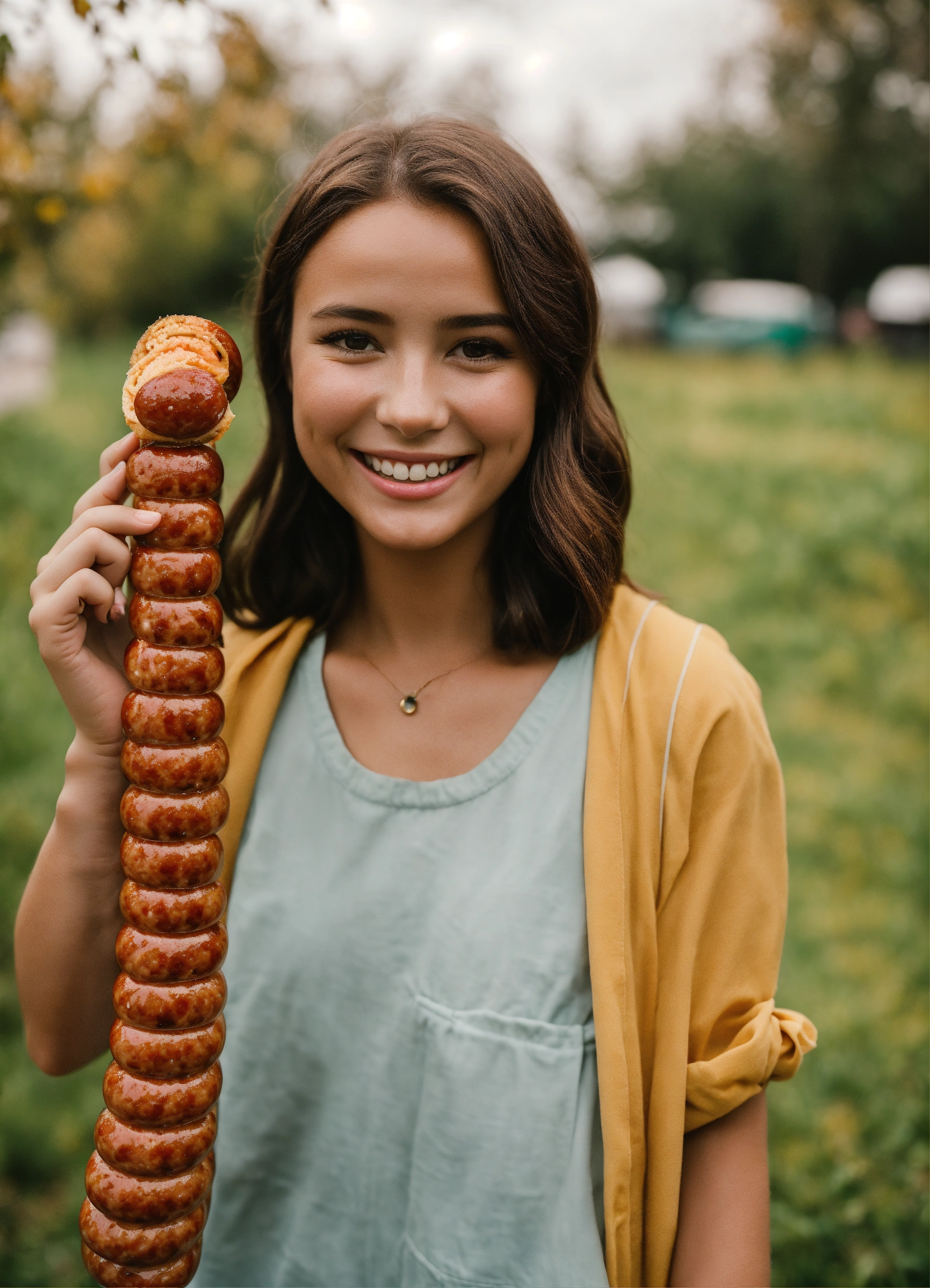 Lexica - A girl holds a sausage in her hand near to her face and smiles