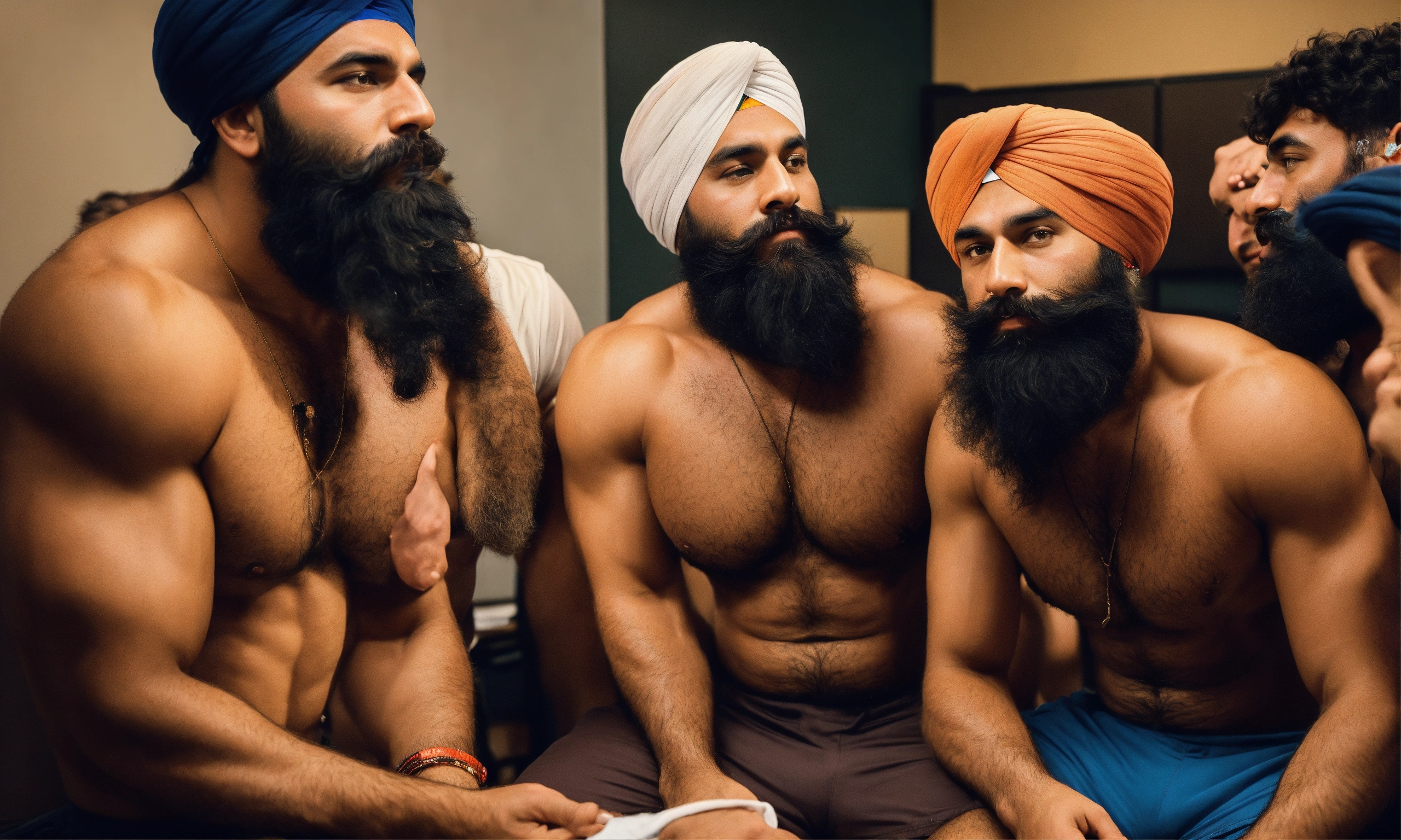 Lexica - Group of burly hairy manly sikh men ogling each other's bodies in an occupied office ...