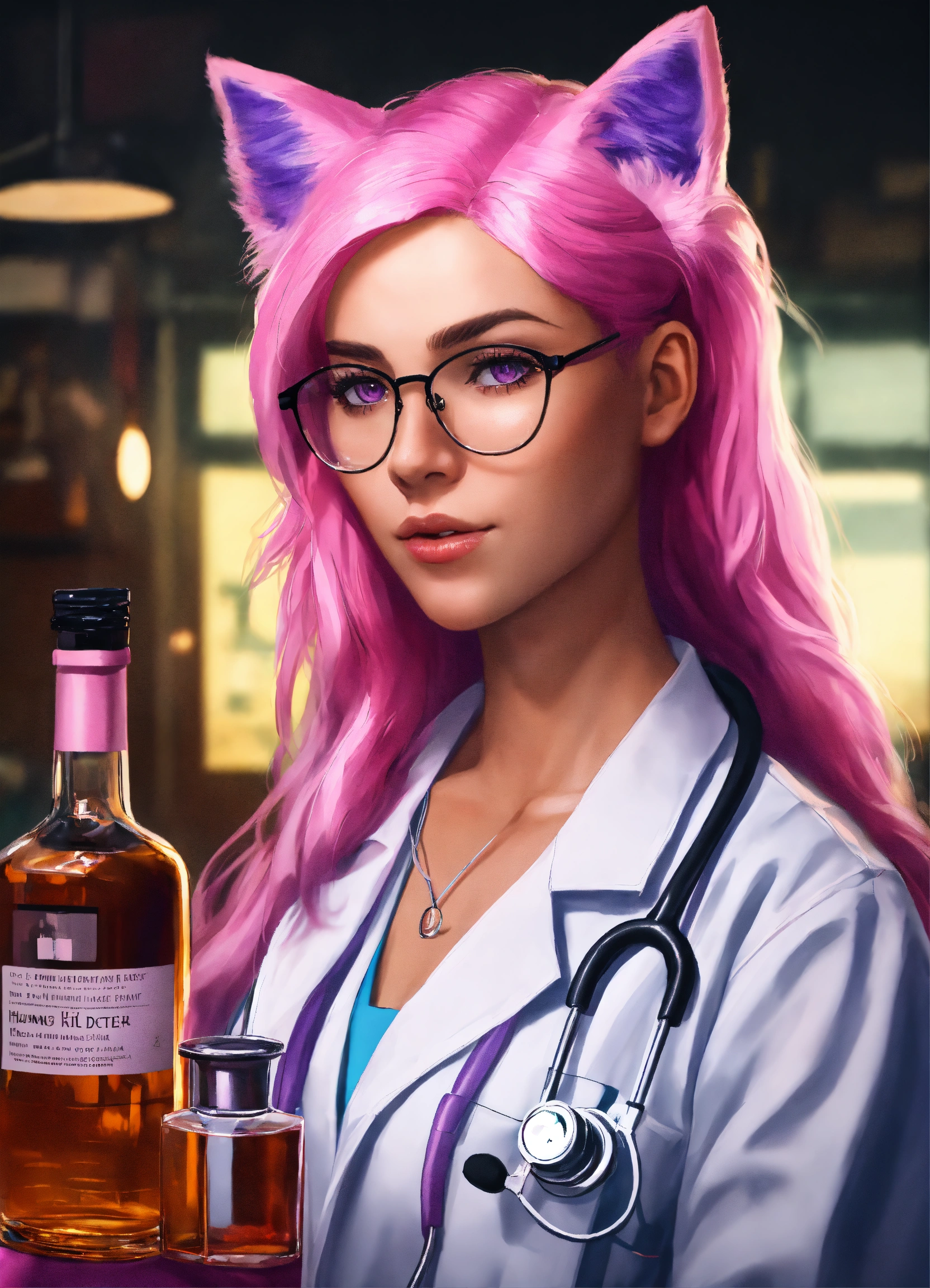 Lexica - Female doctor, with long pink hair, with cat ears color black ...