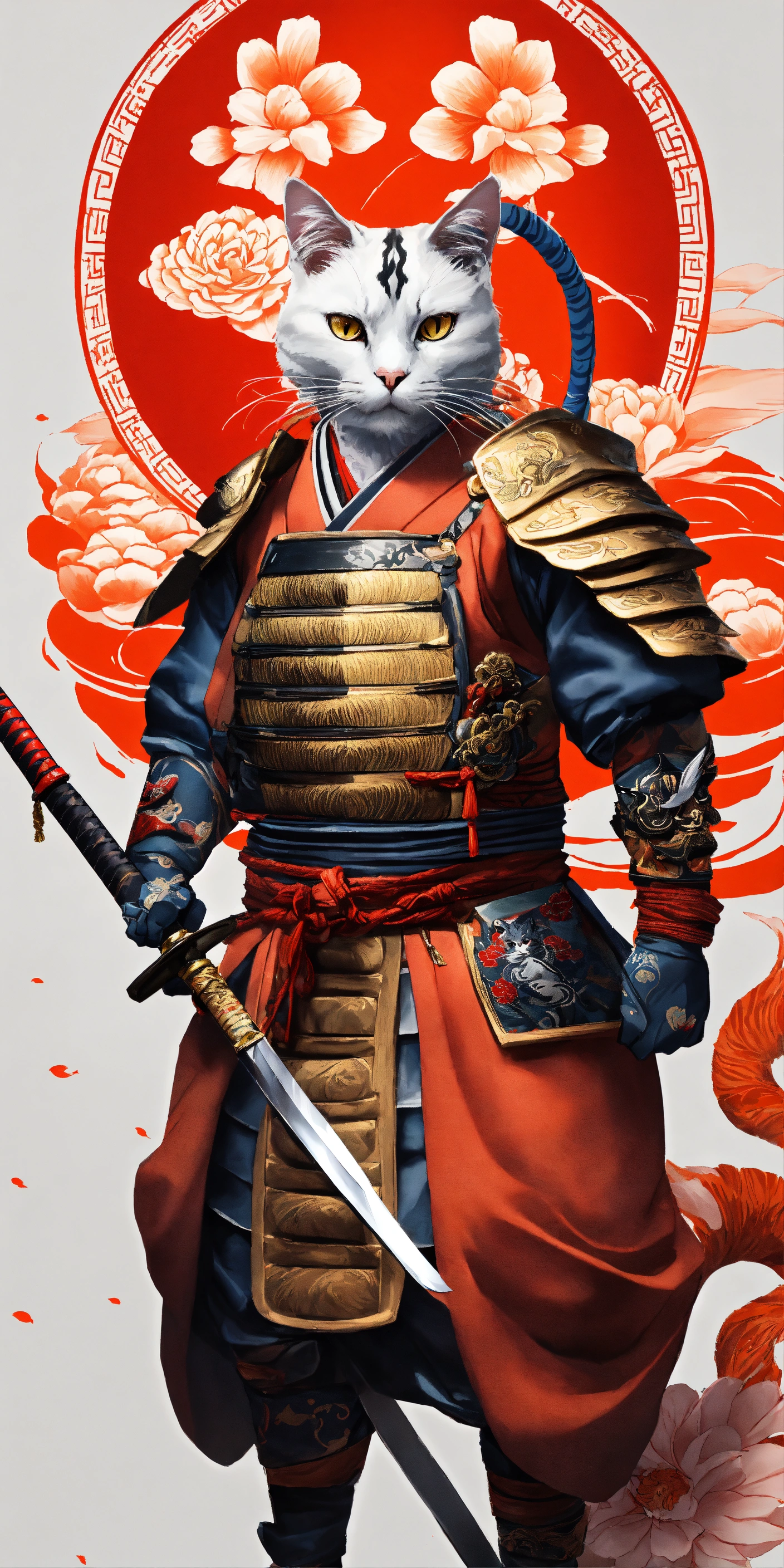 Lexica - There is a cat with a big carp koi and a sword on a white ...