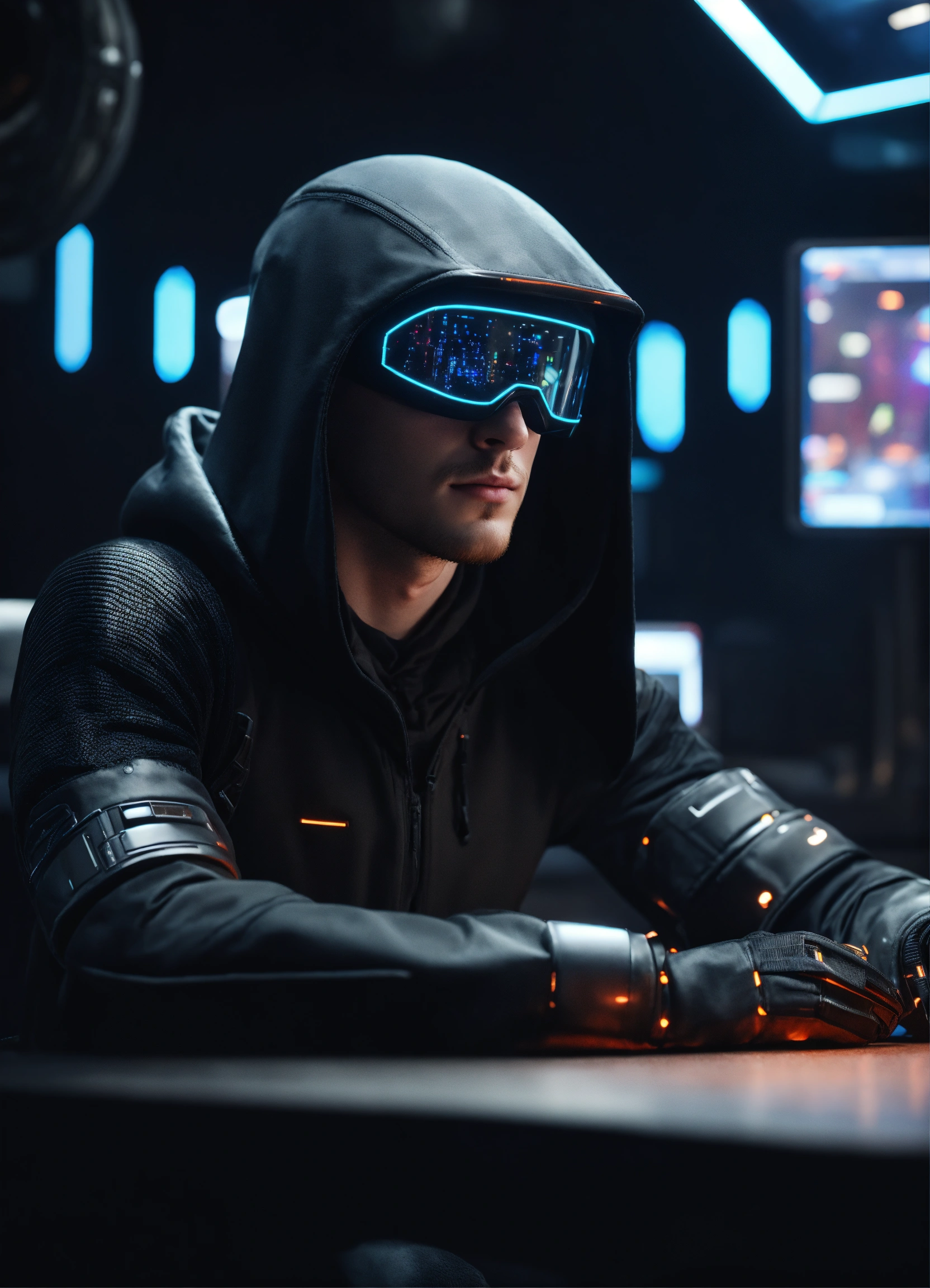 Lexica - Nerdy 25 year old male hacker wearing futuristic black cloak ...