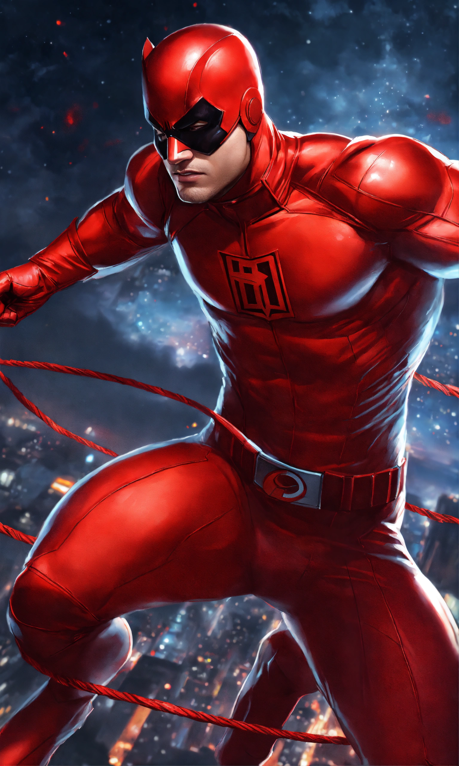 Lexica - Daredevil, flying through night sky, holding red sticks ...