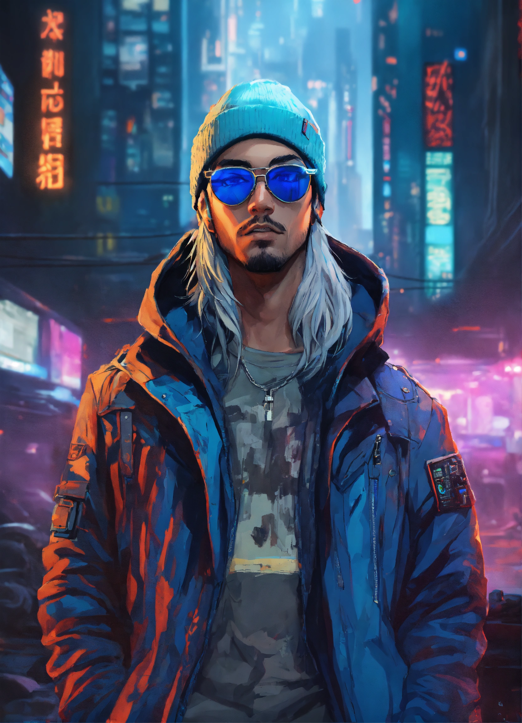 Lexica - Edgy male cyberpunk hacker with blue colored glasses, in a ...