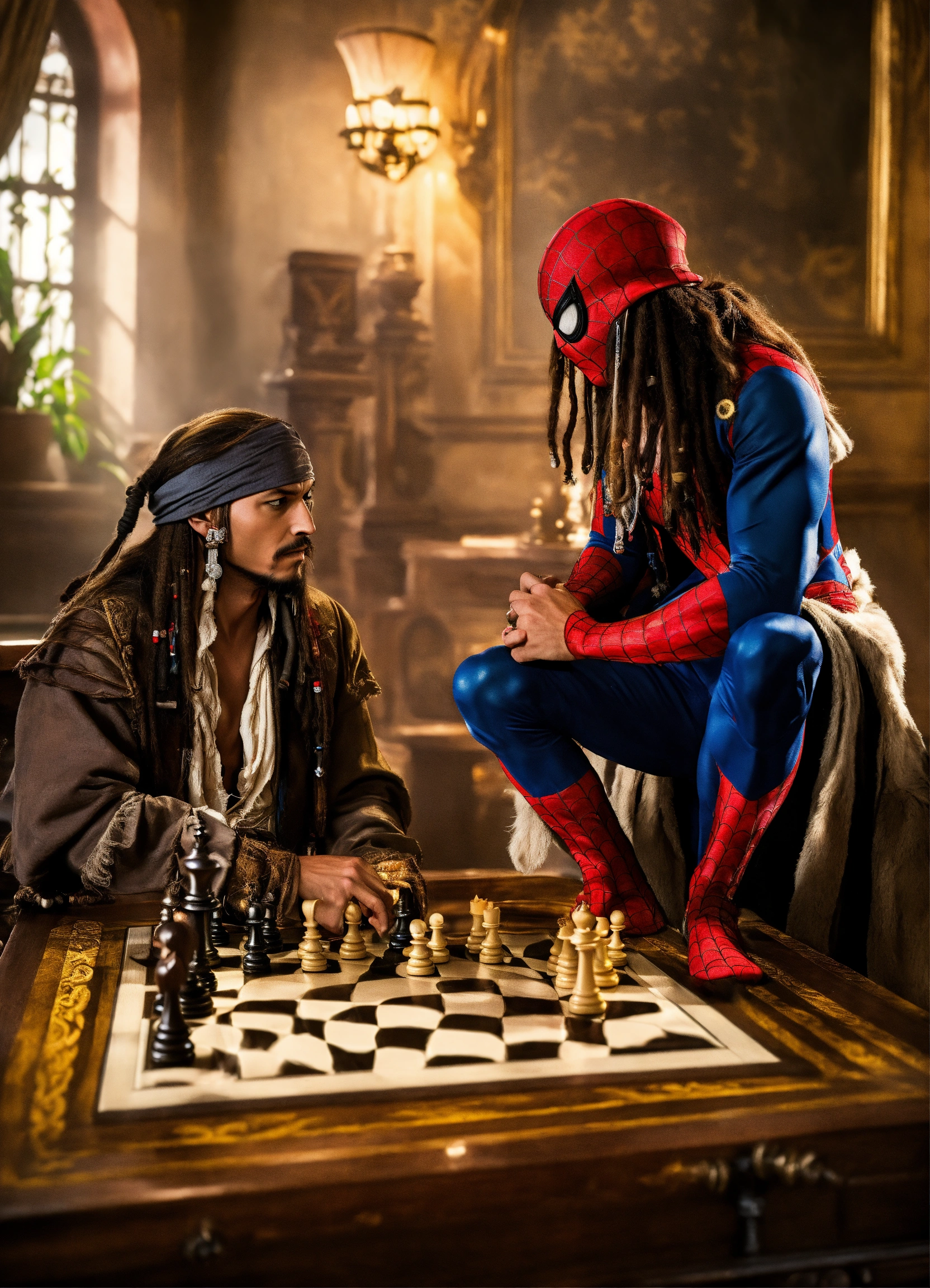 Lexica - Spiderman playing chess with jack sparrow