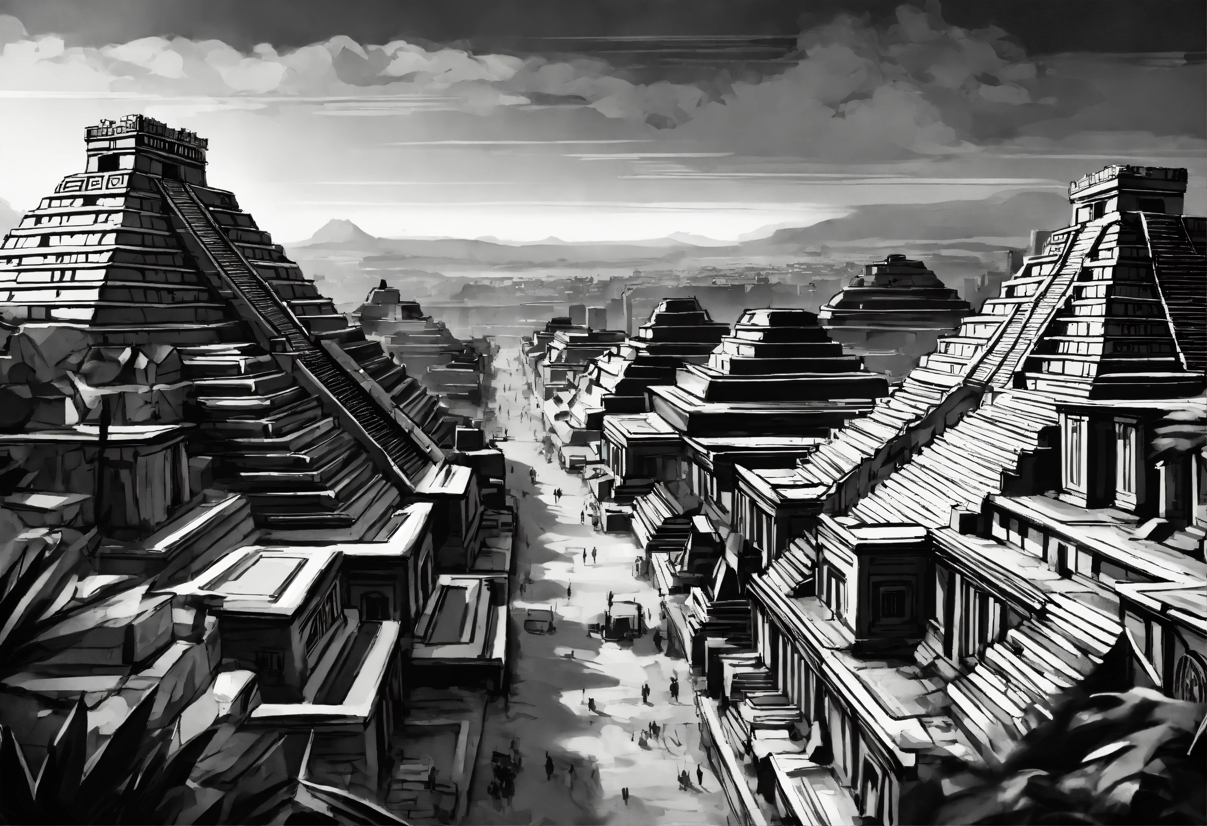 Lexica - Graphic stylized drawing of aztec city in grayscale, 8k