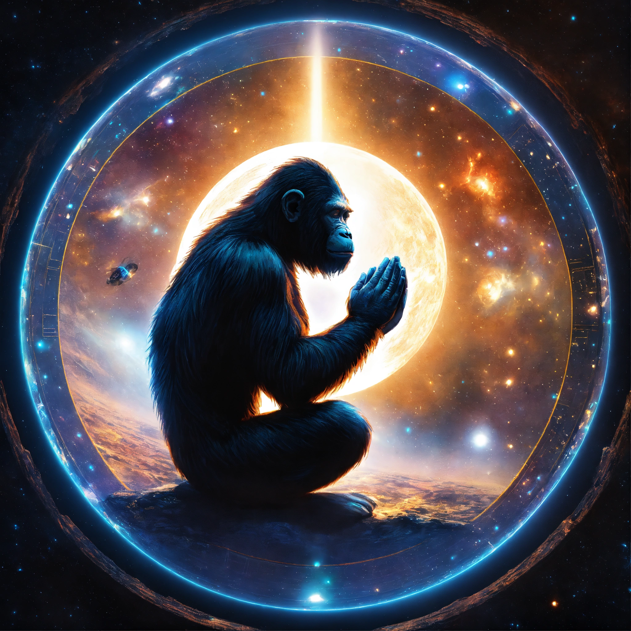 Lexica - Apes praying to a human god in space, in circle image ...