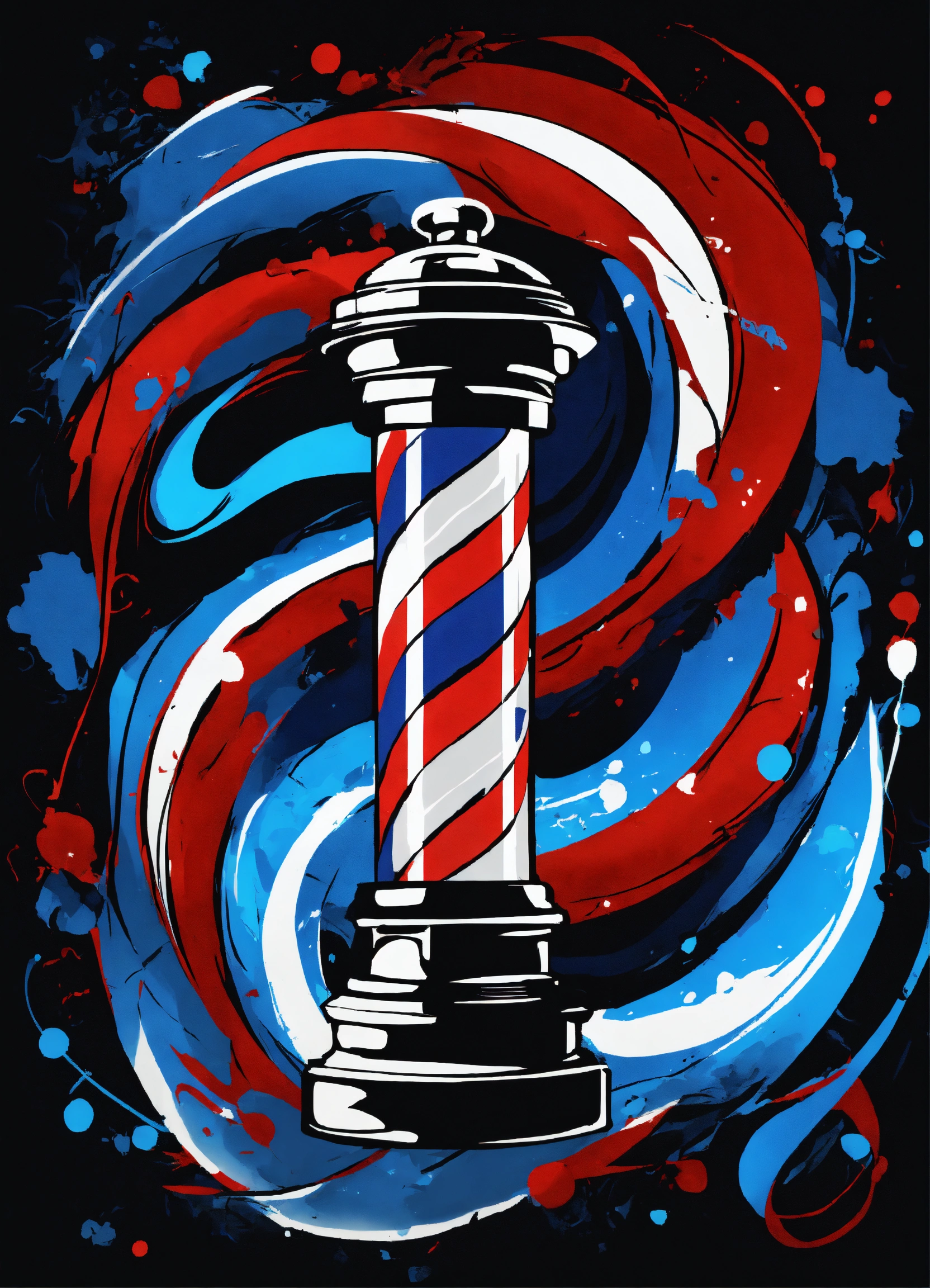 Lexica - Graffiti style barber pole with red, blue and white swirls with black background
