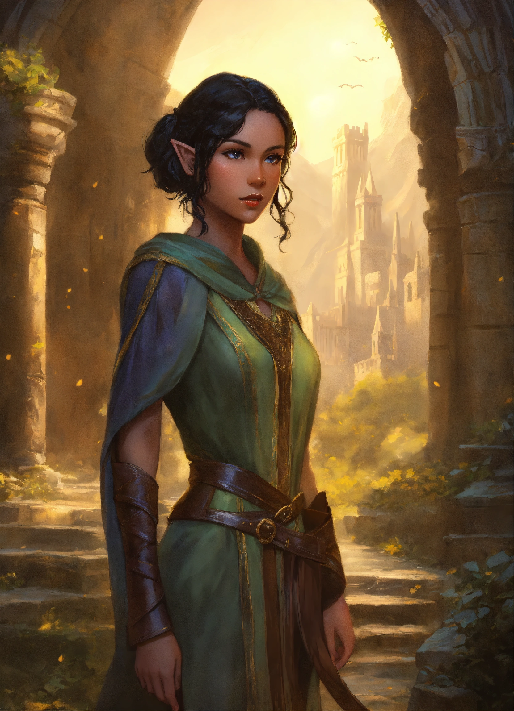 Lexica - Elf woman, short ears, adventure, dark complexion, black hair ...