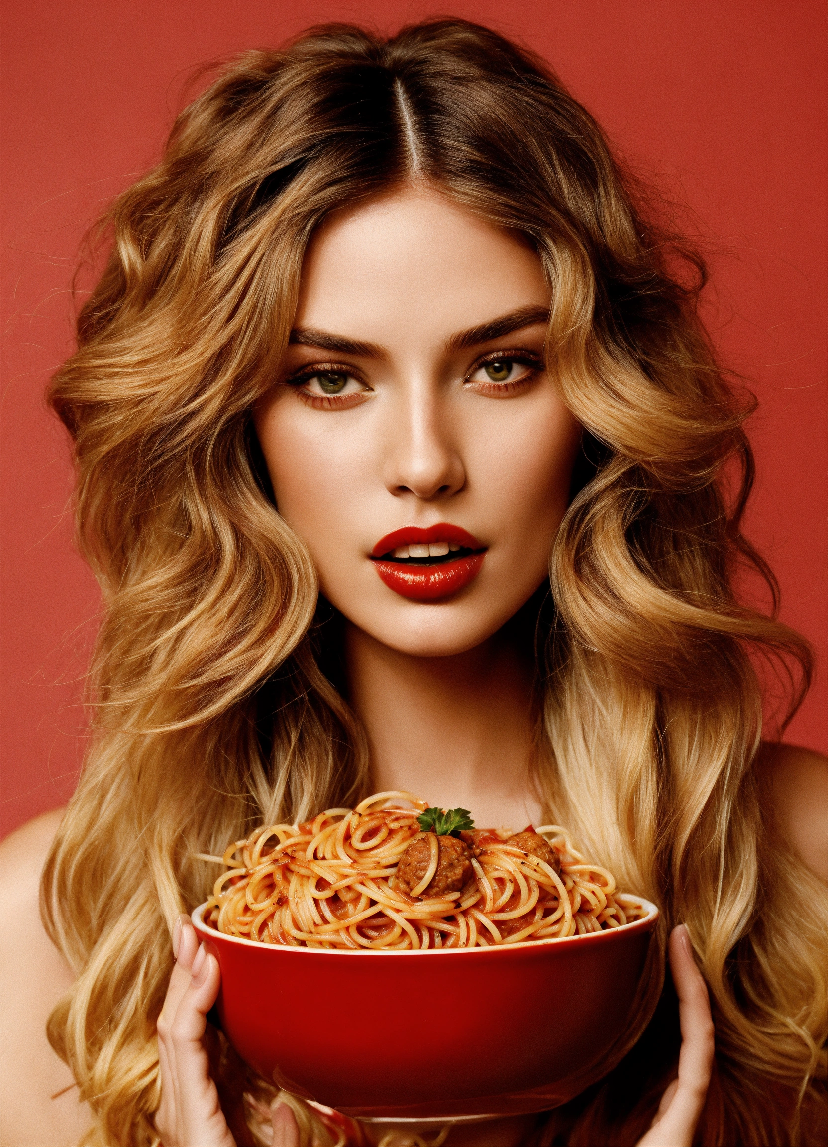 Lexica - Supermodel spaghetti hair, eating a meatball, cover of vogue