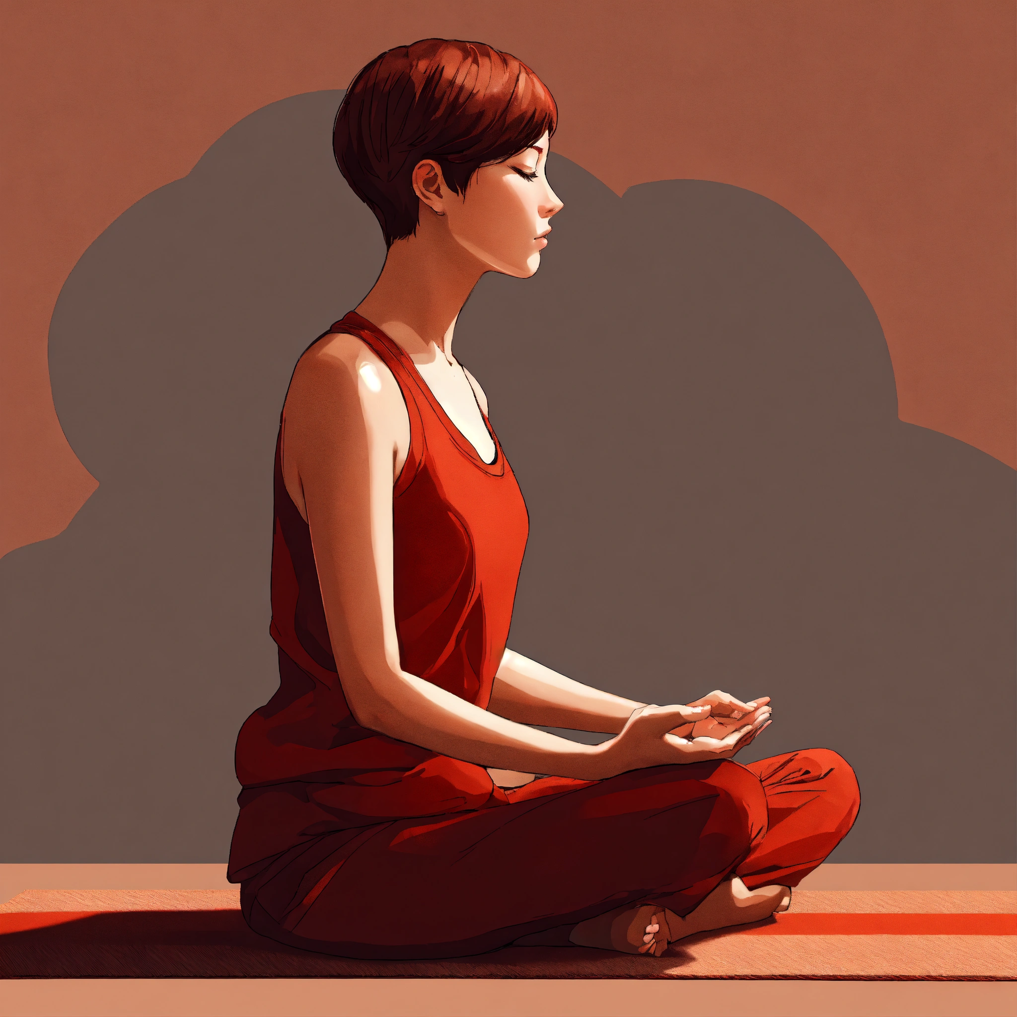 Lexica - Woman with red-brown straight short hair, meditating, side ...