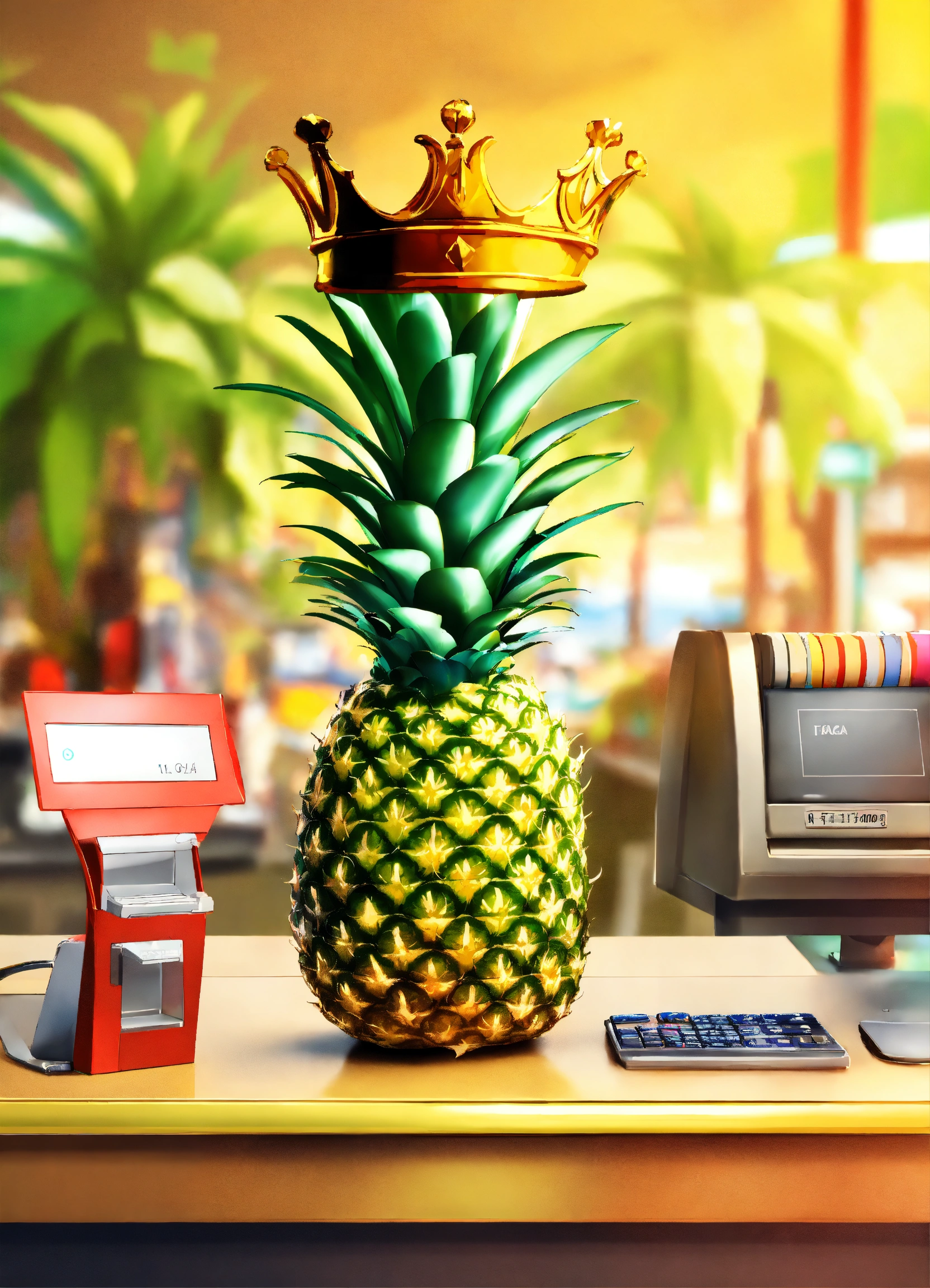Lexica - A pineapple wearing a crown sits at a cash register and gives ...