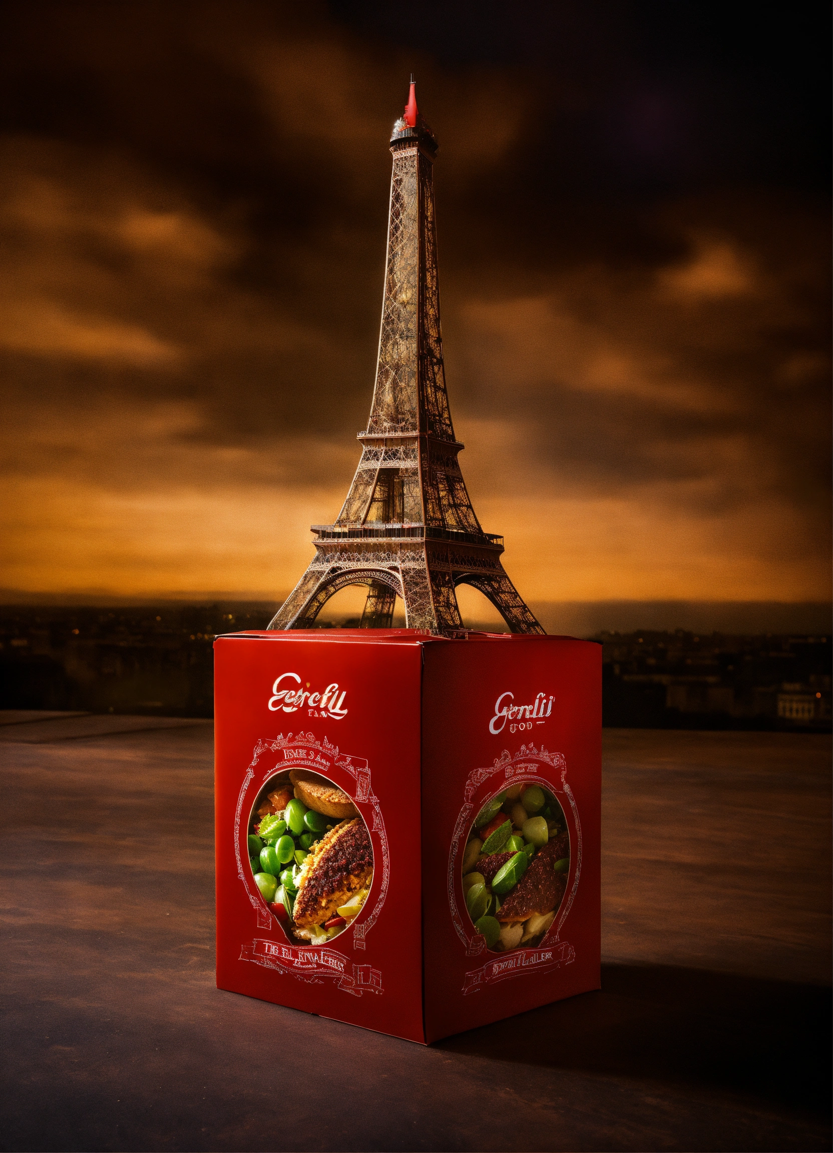 Lexica - The effeil tower in food packaging, epic shot, dark background
