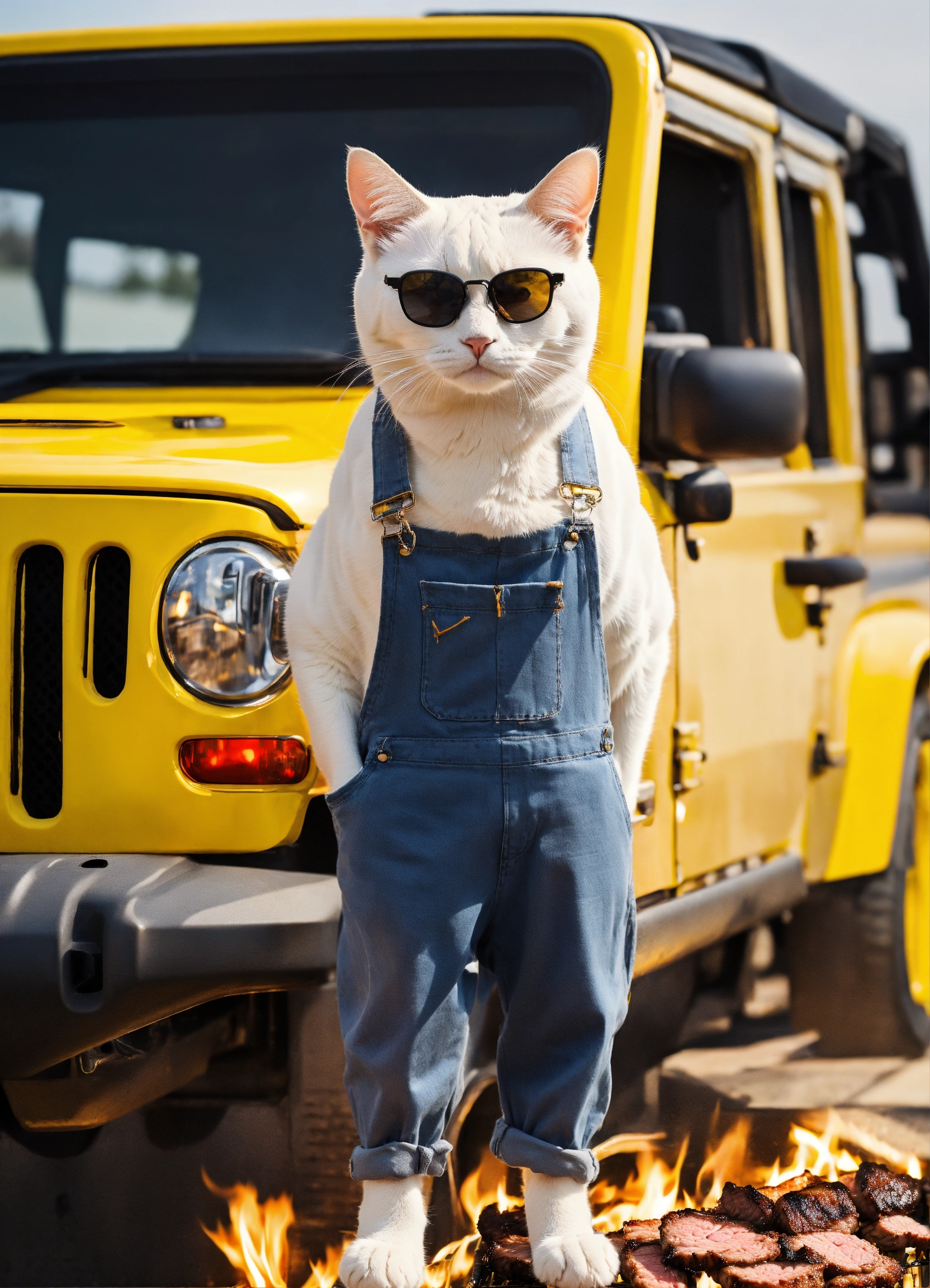 Lexica - A white cat wearing yellow short-sleeves and black overalls ...