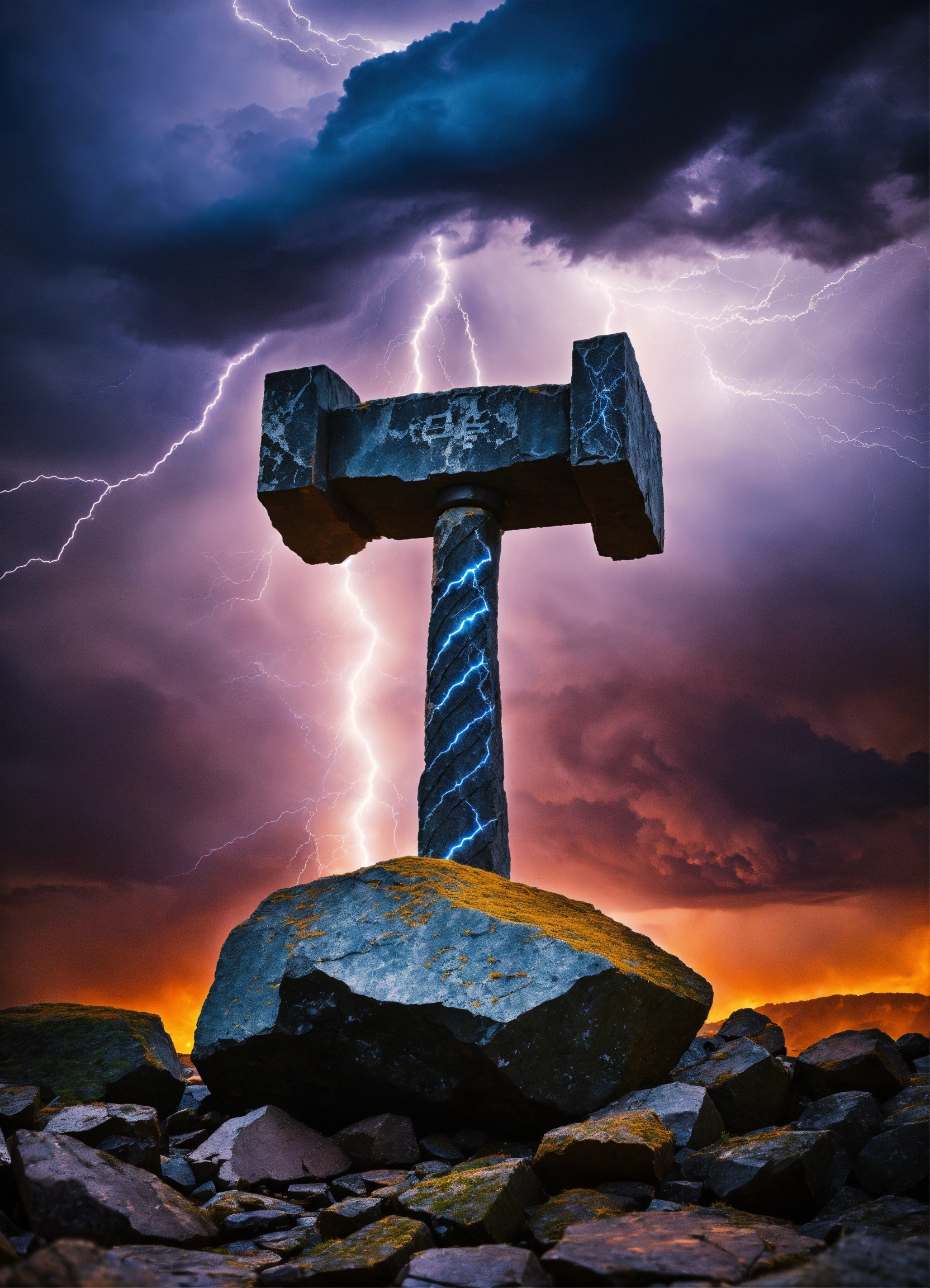 Lexica - Thors hammer, lightning, cracked stone, dramatic background