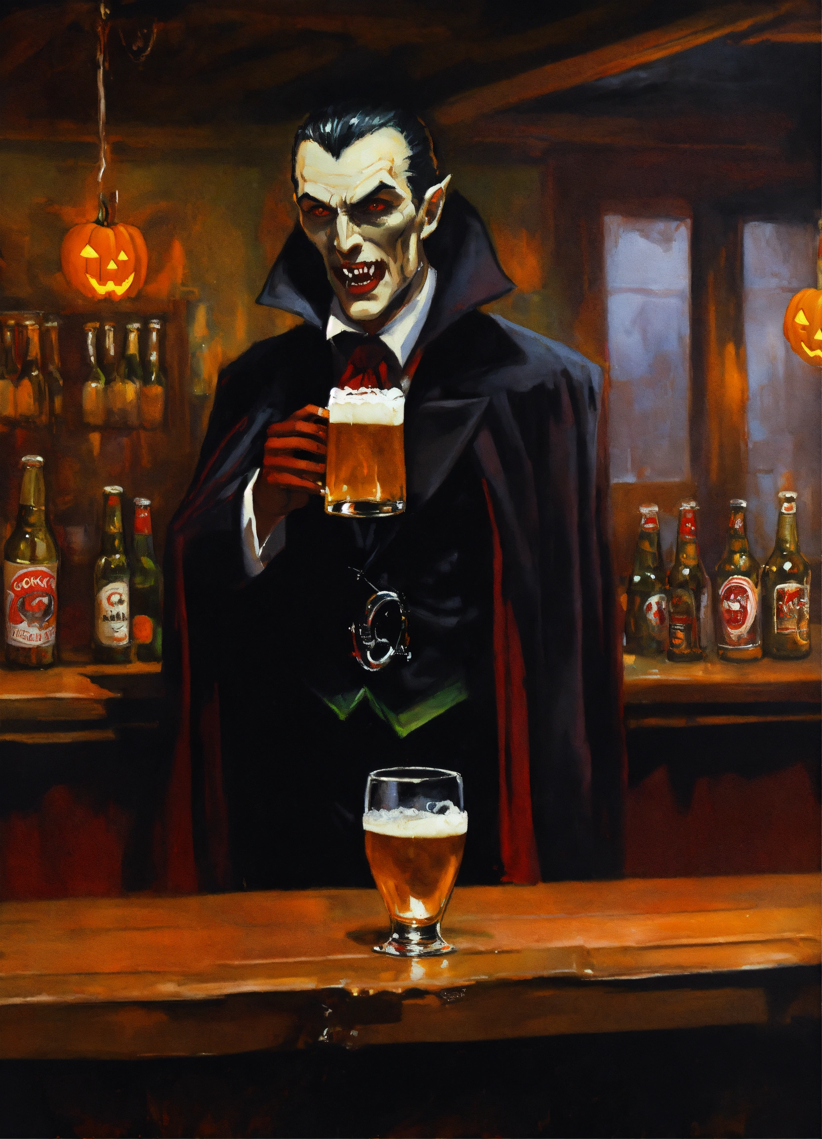 Lexica - Painting of dracula drinking beer at a bar. Greg Rutkowski ...