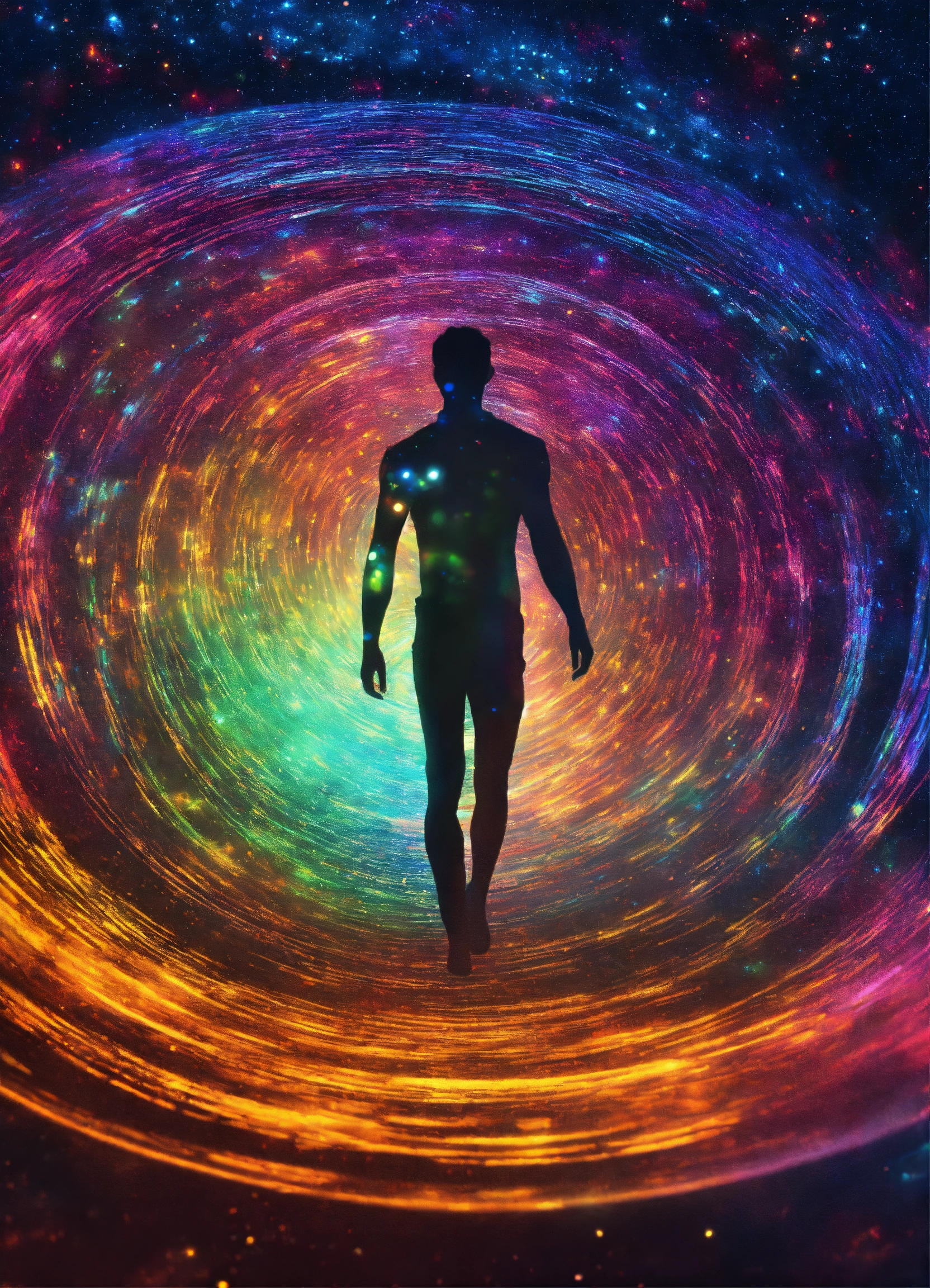 Lexica - Multicolor holographic human shadow in the middle of spiral cosmos