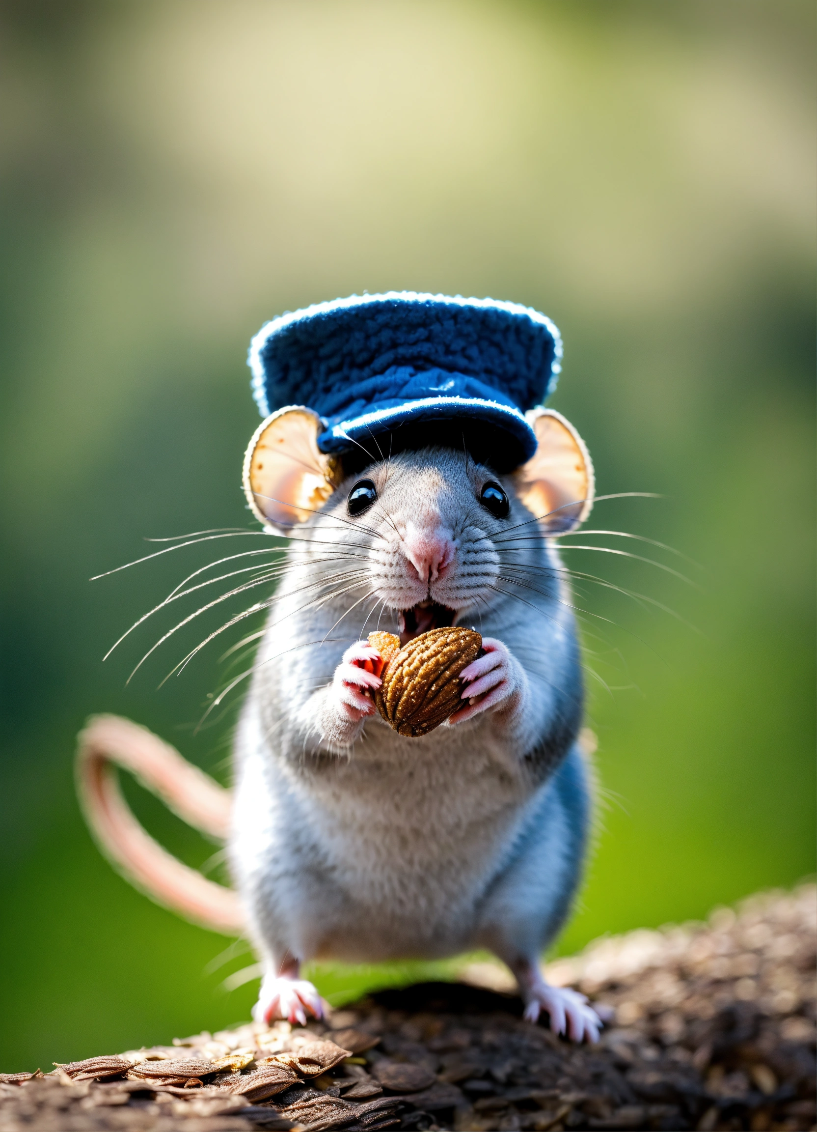 Lexica - Grey mouse eating a nut, wearing a cool hat