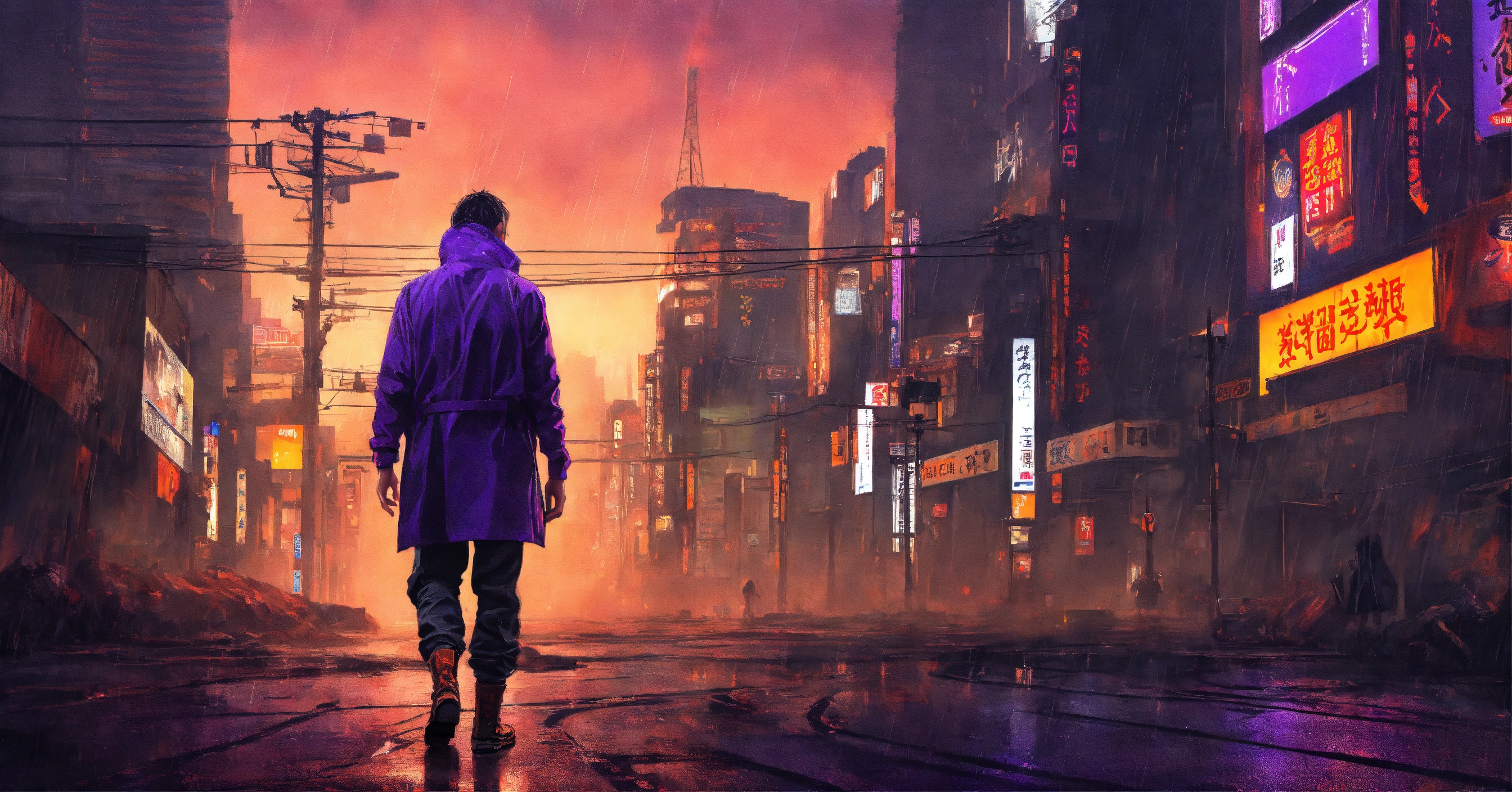 Lexica - Tokyo, post-apocalyptic, rainy mood, purple, orange, athletic man