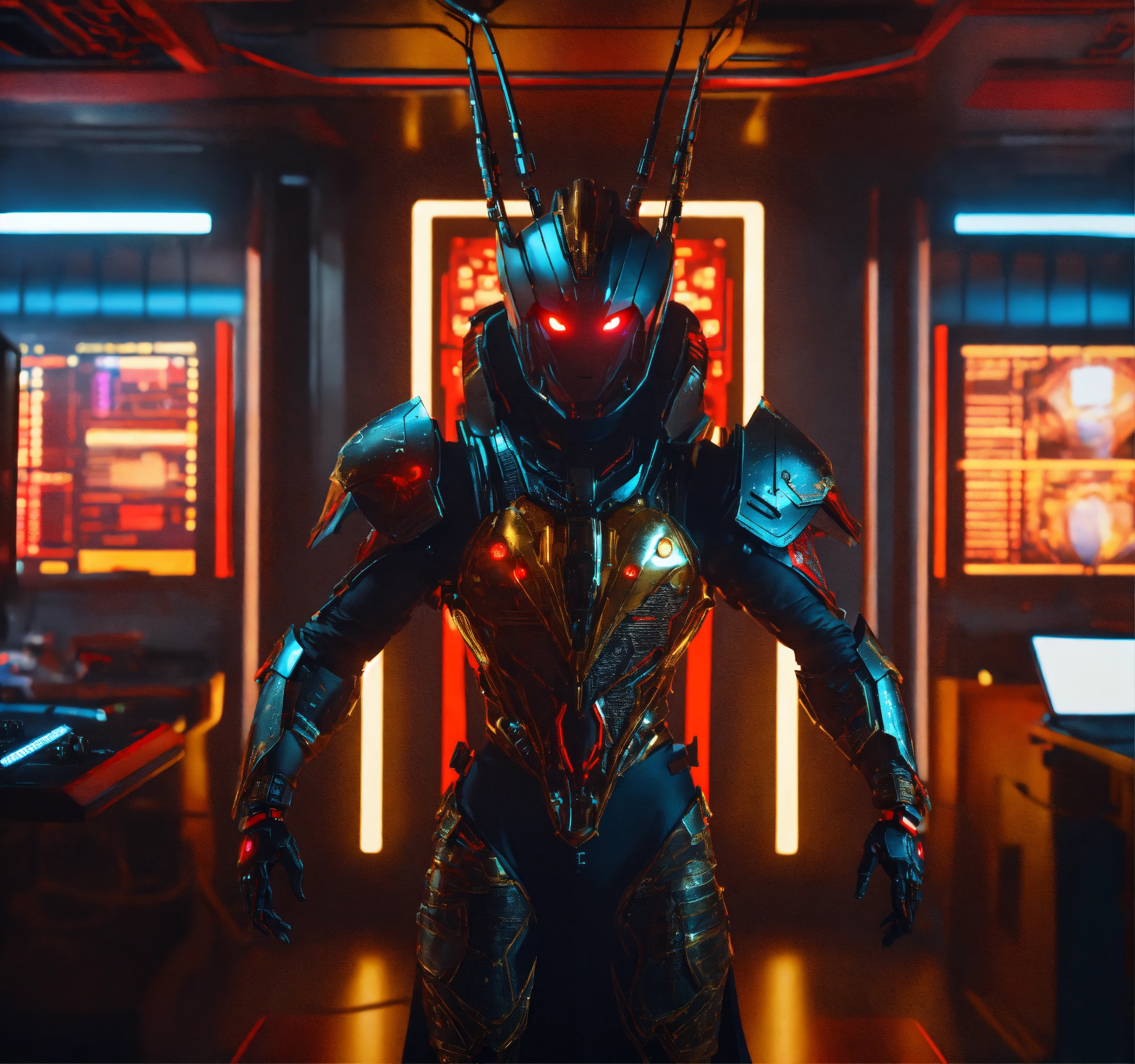 Lexica - Zoom out of standing black cockroach face humanoid with red ...