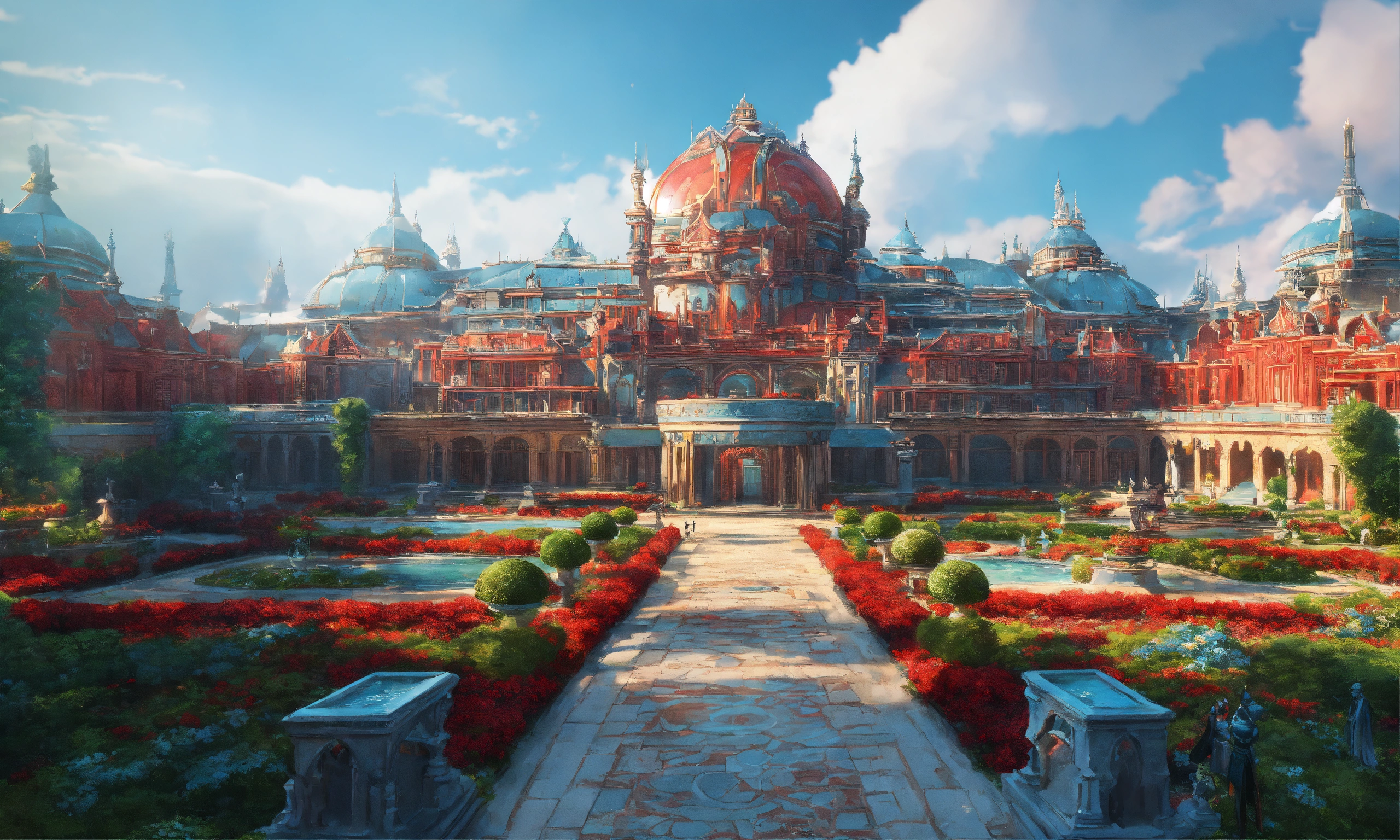 Lexica - Full image of a massive sci fi palace with light blue and red ...