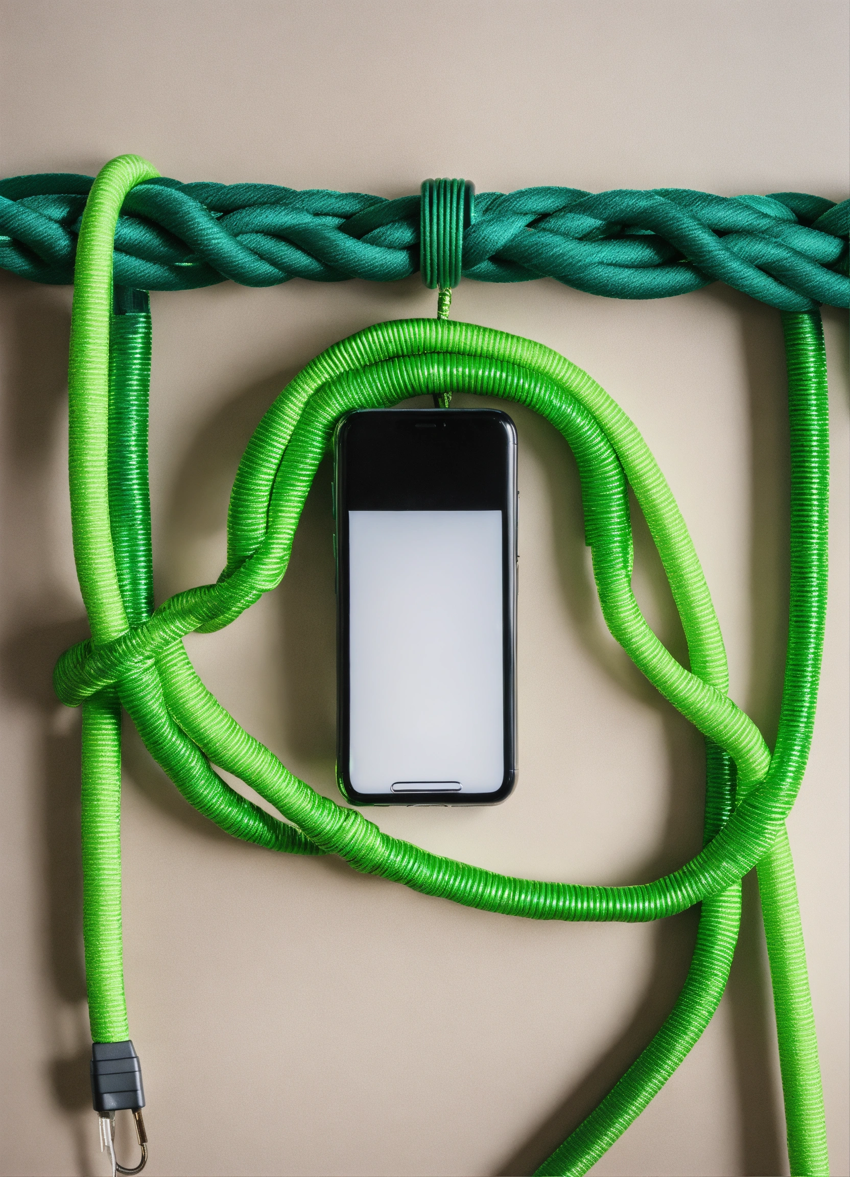 Lexica - Suspended green bungee cords in knot, cords holding phone ...