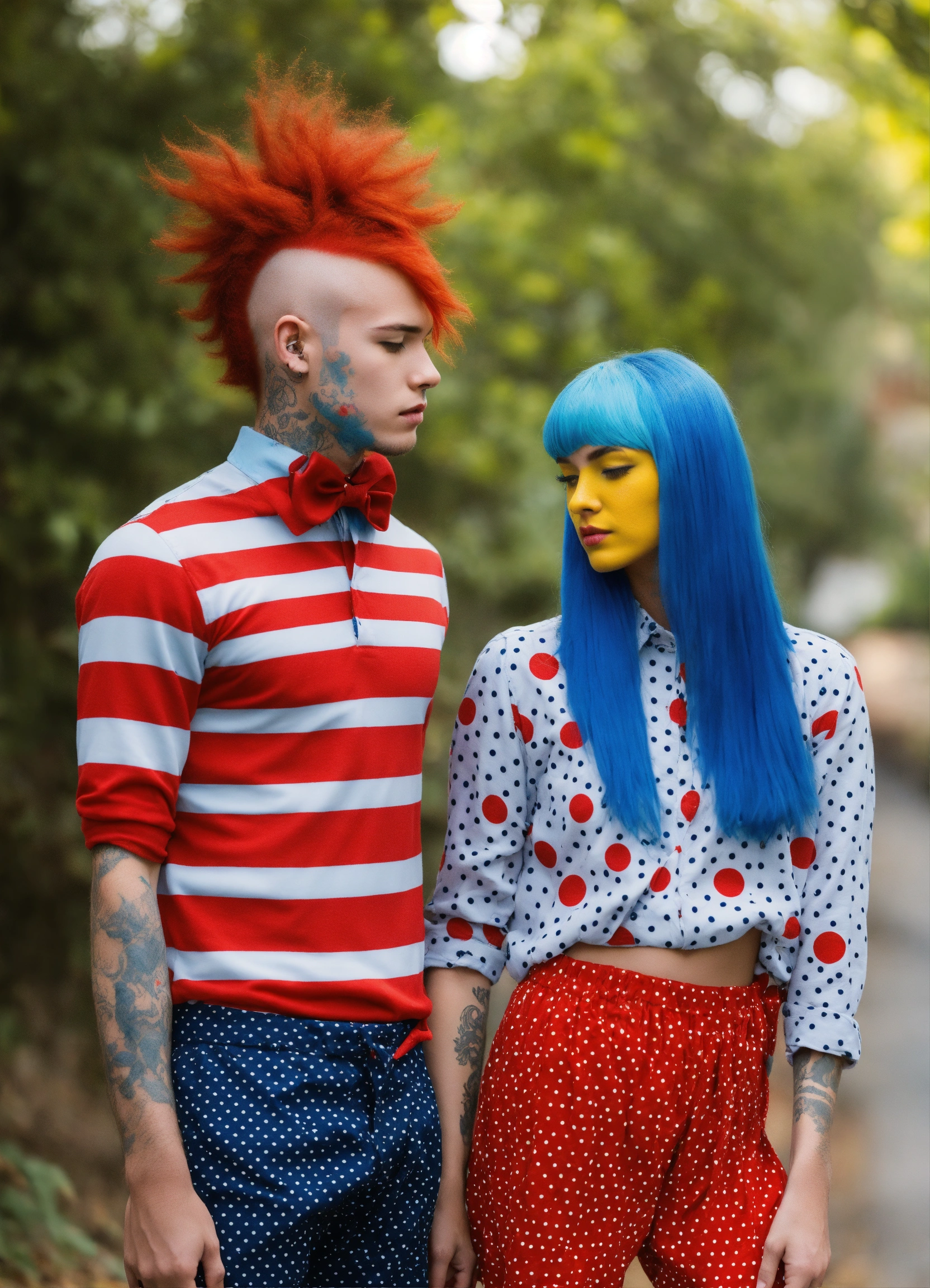Lexica - A red hair male with polka dot skin and a blue hair female ...