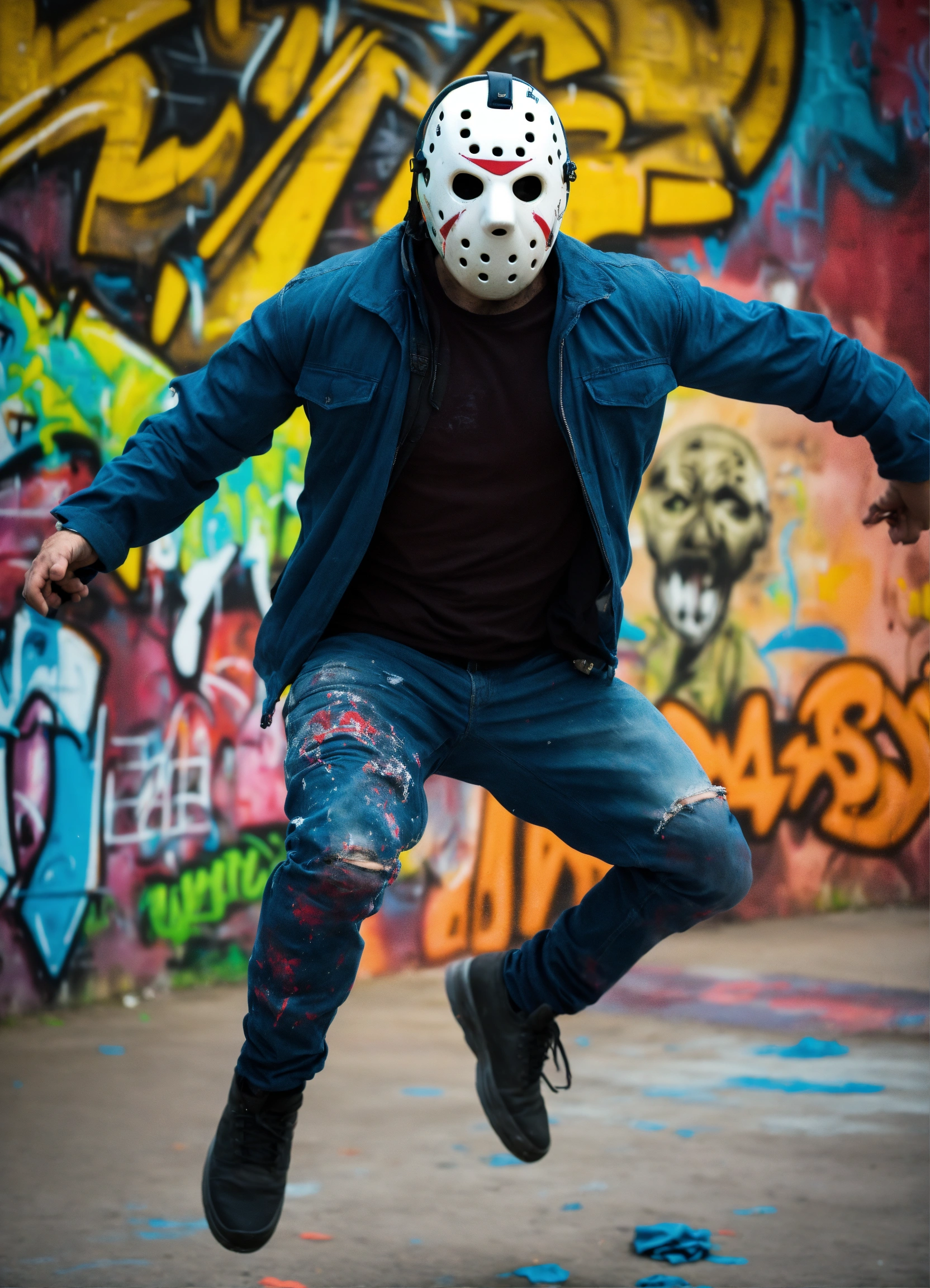 Lexica - Urban portrait of jason voorhees in mid-jump, graffiti walls ...