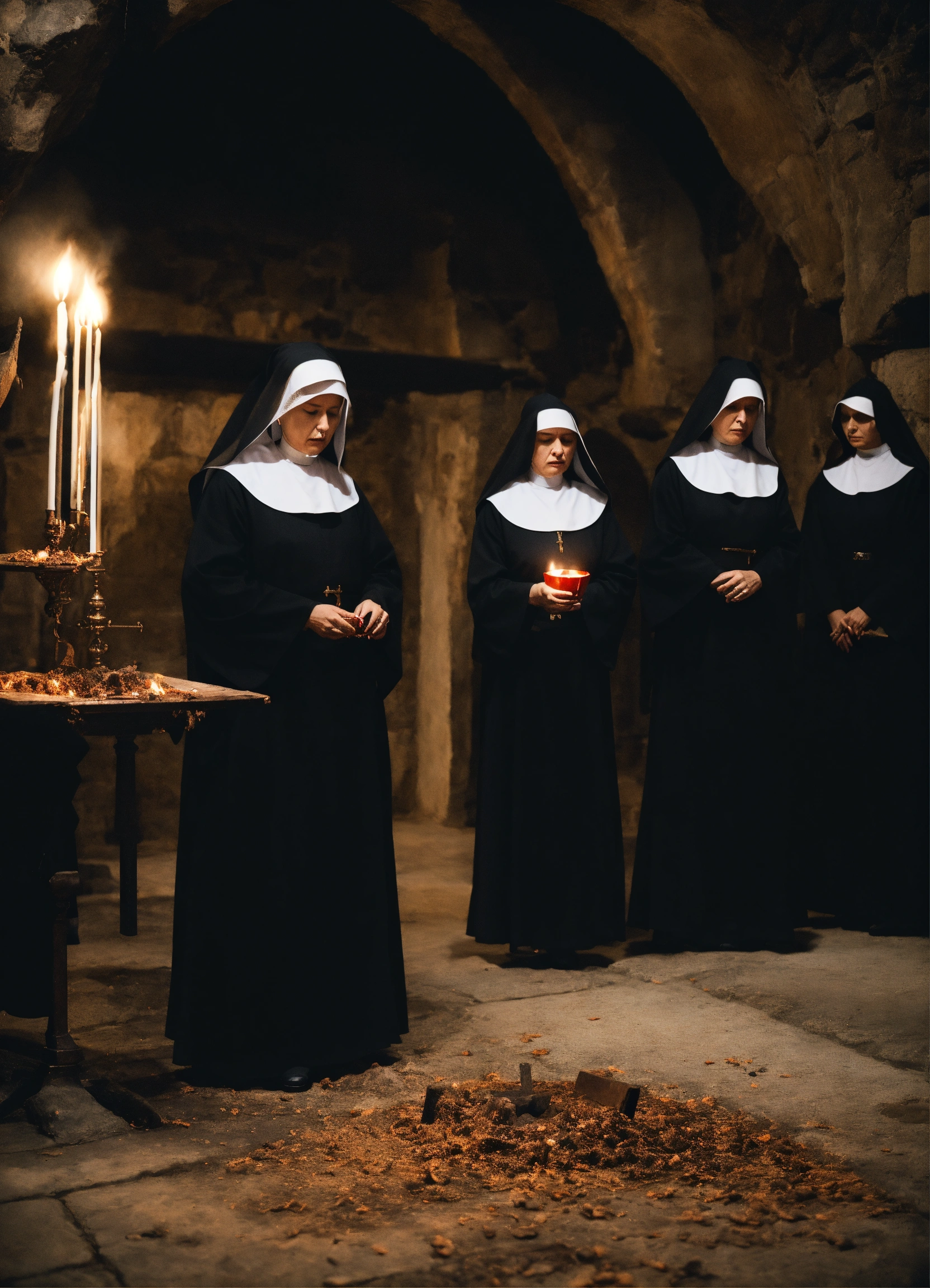 Lexica - Dark nuns performing ritual, in dungeon, historical picture