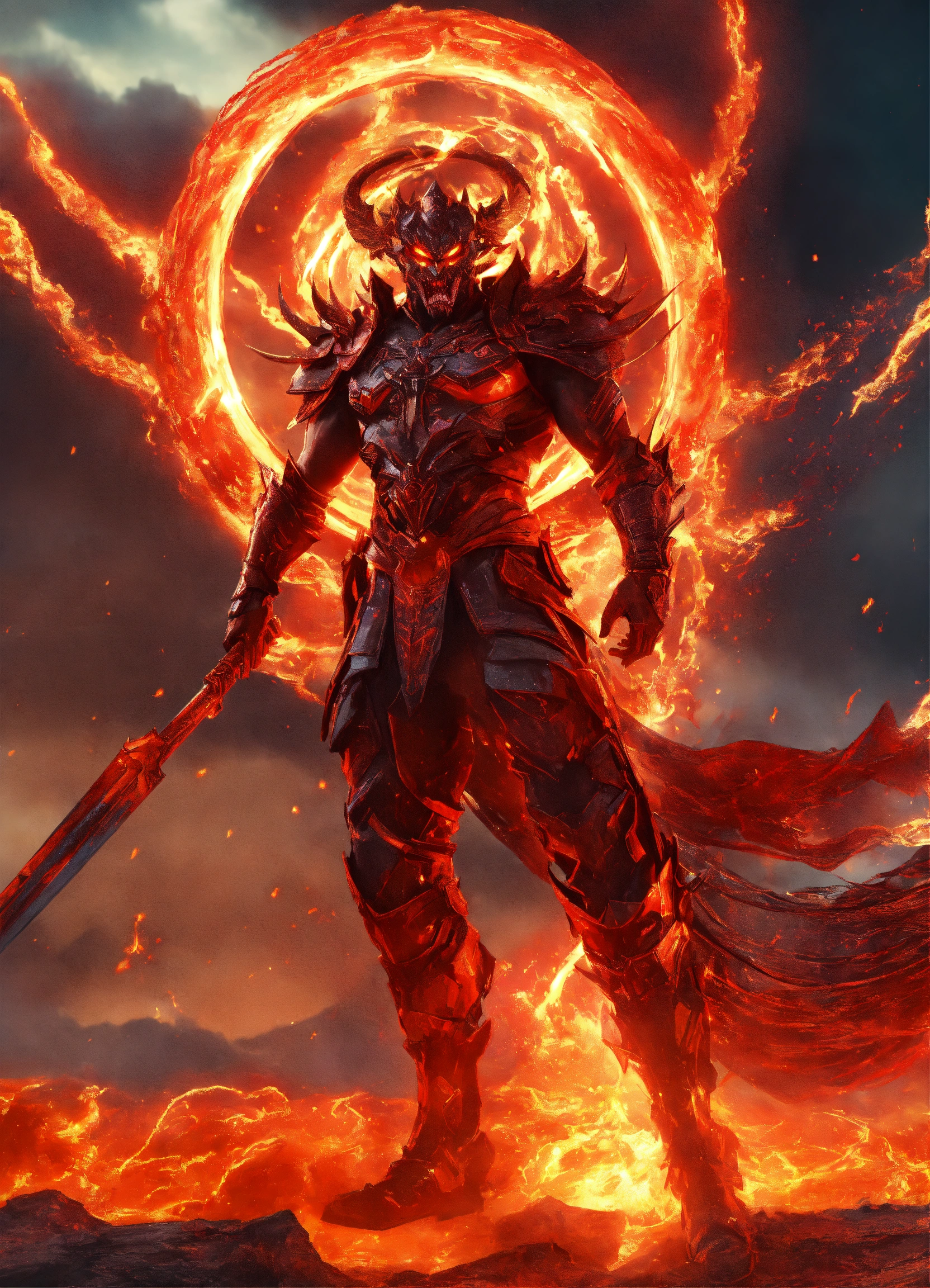 Lexica - Full body evil futuristic warrior entangled in a red fiery ...