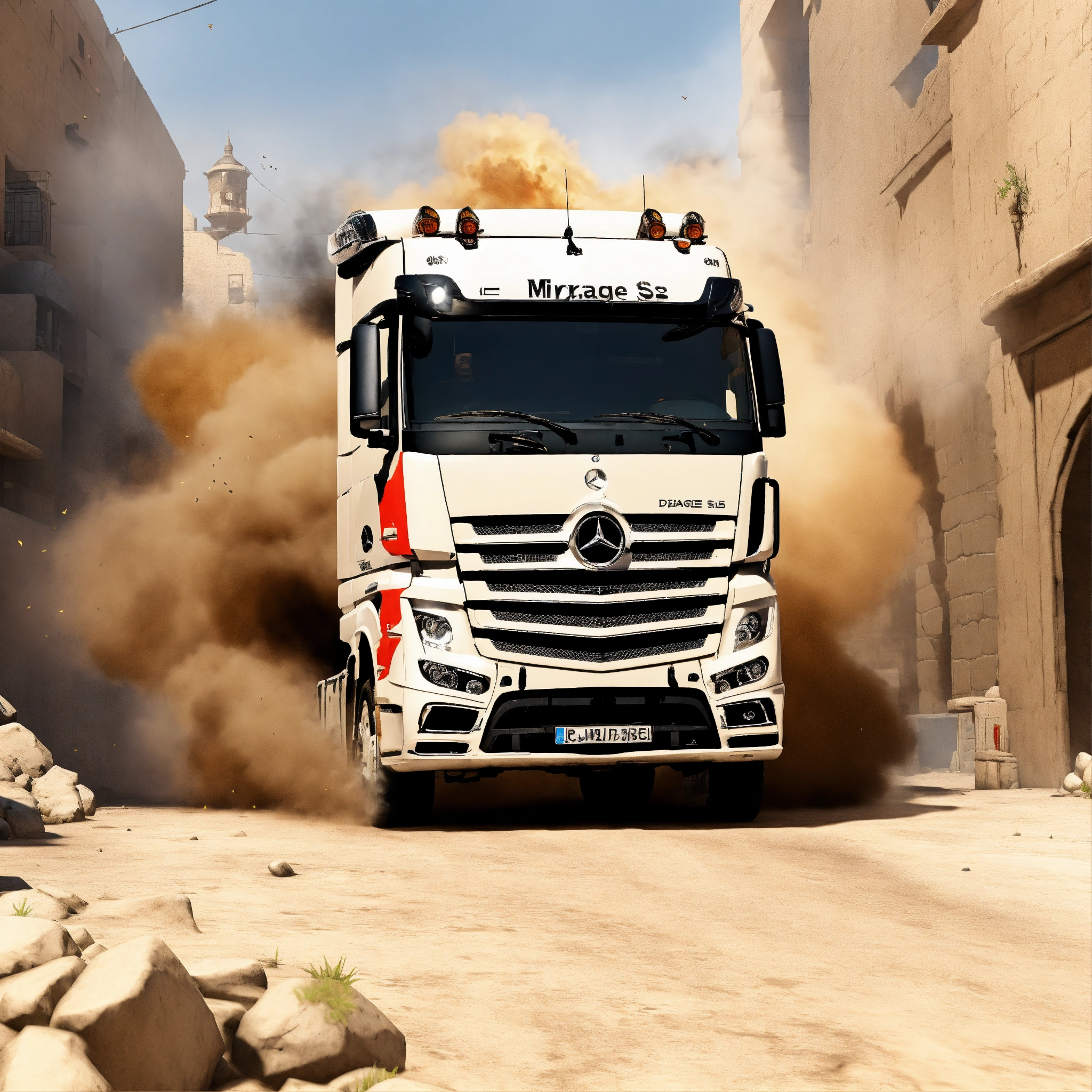 Lexica - A front head-on view of a white Mercedes actros truck in the ...