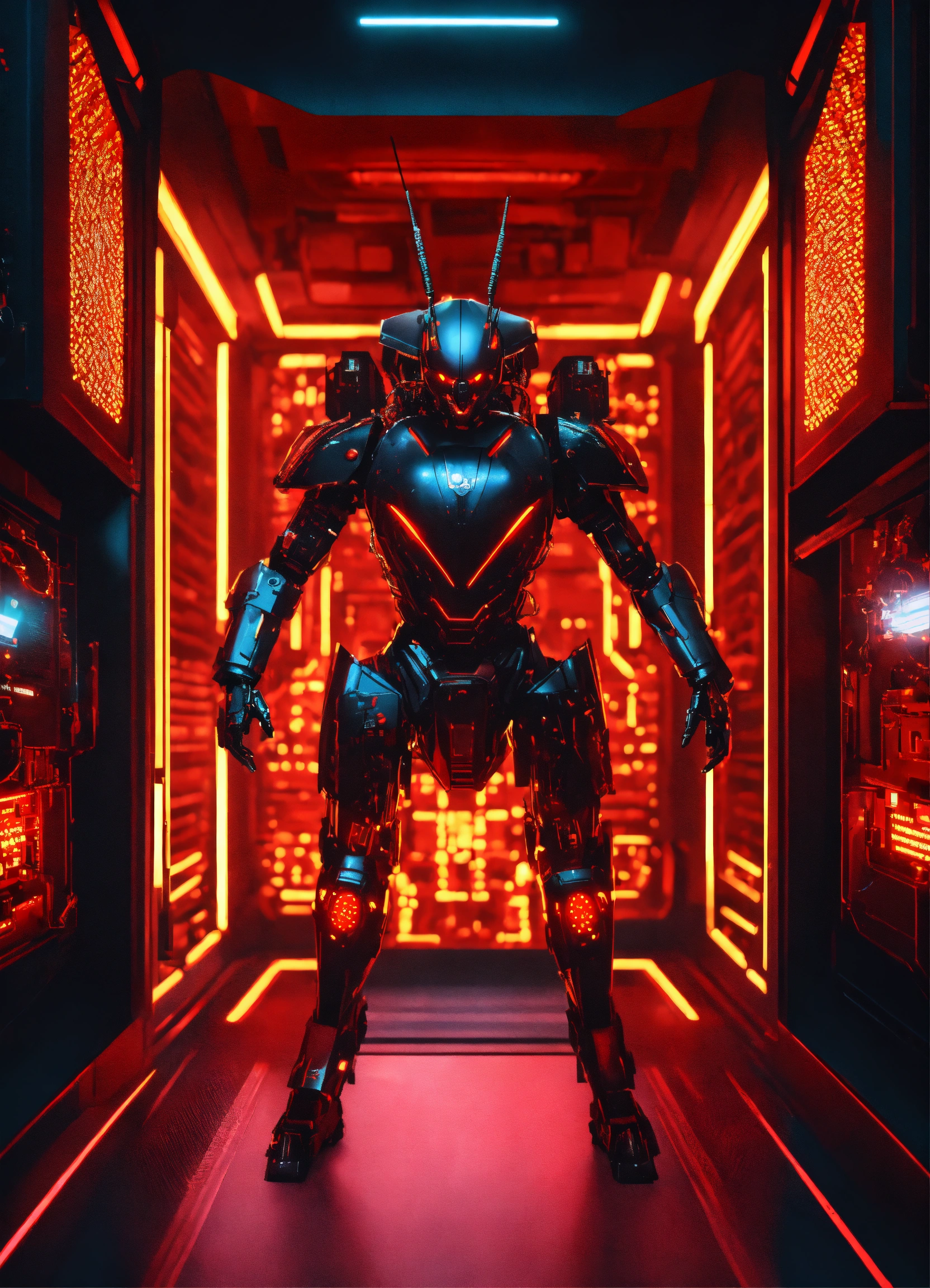 Lexica - Zoom out of black cockroach faced humanoid with red glowing ...