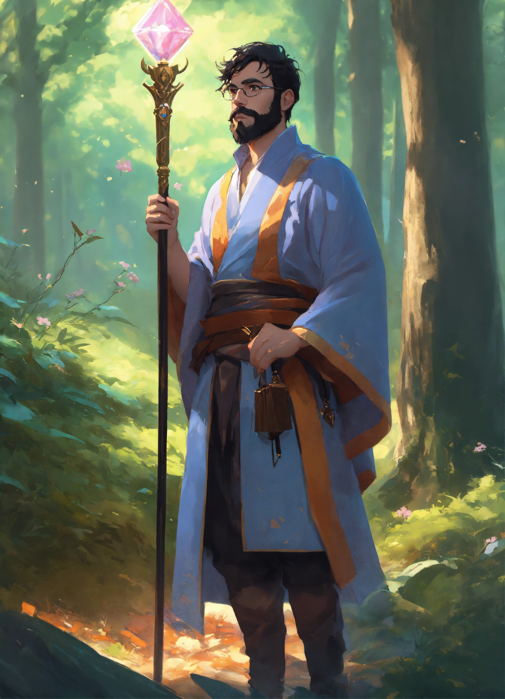 Lexica - A man, mage, in a pastel landscape woods, with short black ...