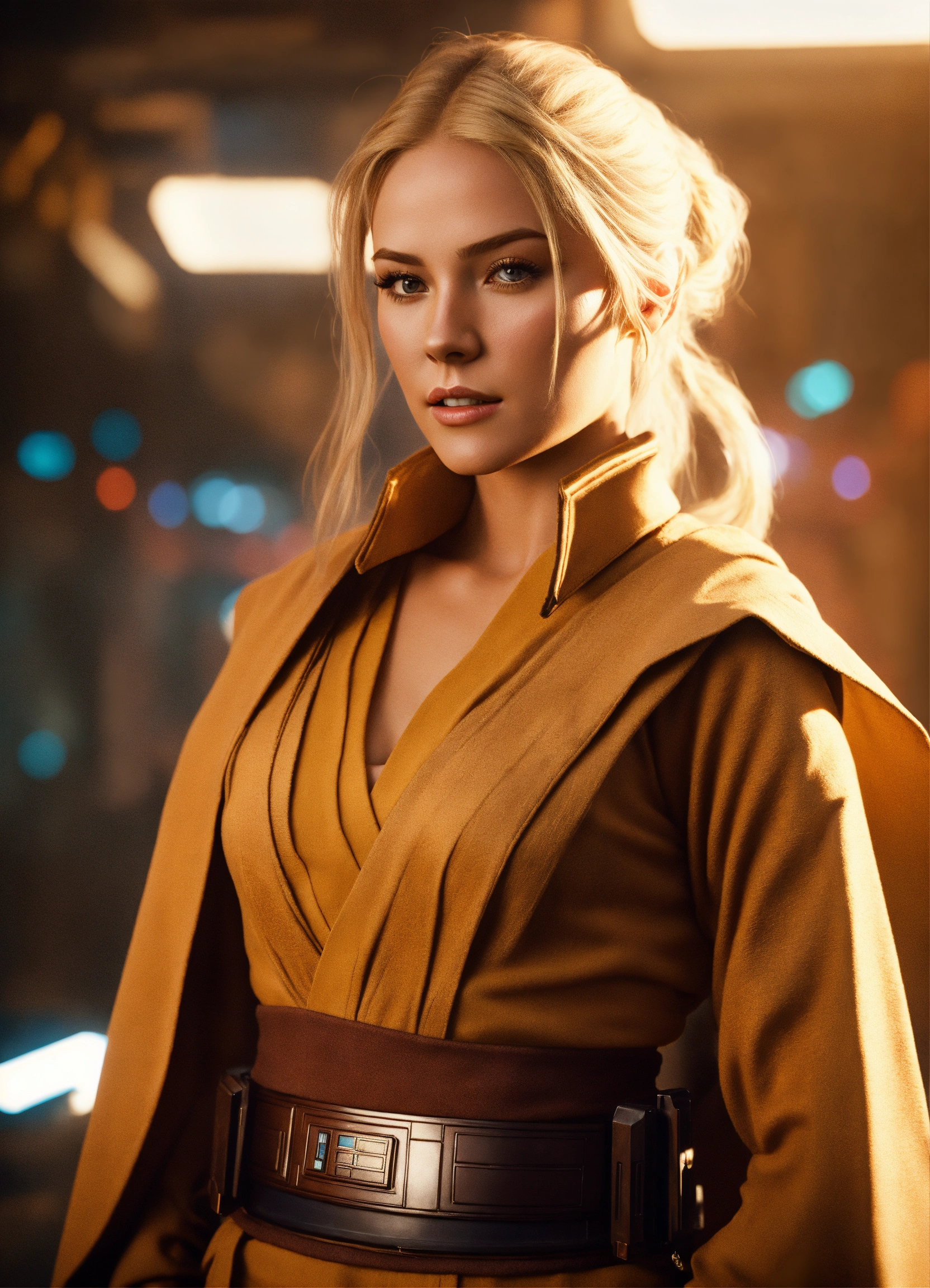 Lexica - A gorgeous blonde jedi woman set in the star wars universe, midriff, big jugs, unreal ...
