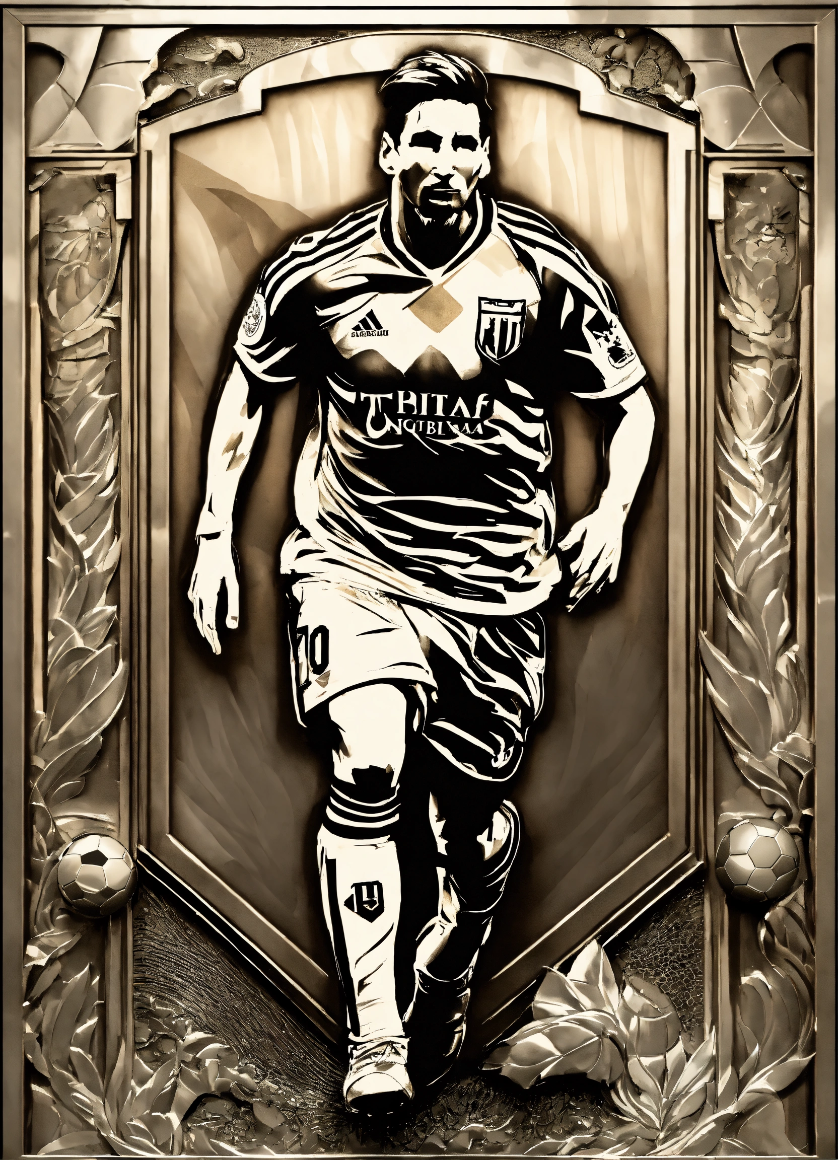 Lexica - Football poster. Messi waist-high in bas-relief style ...