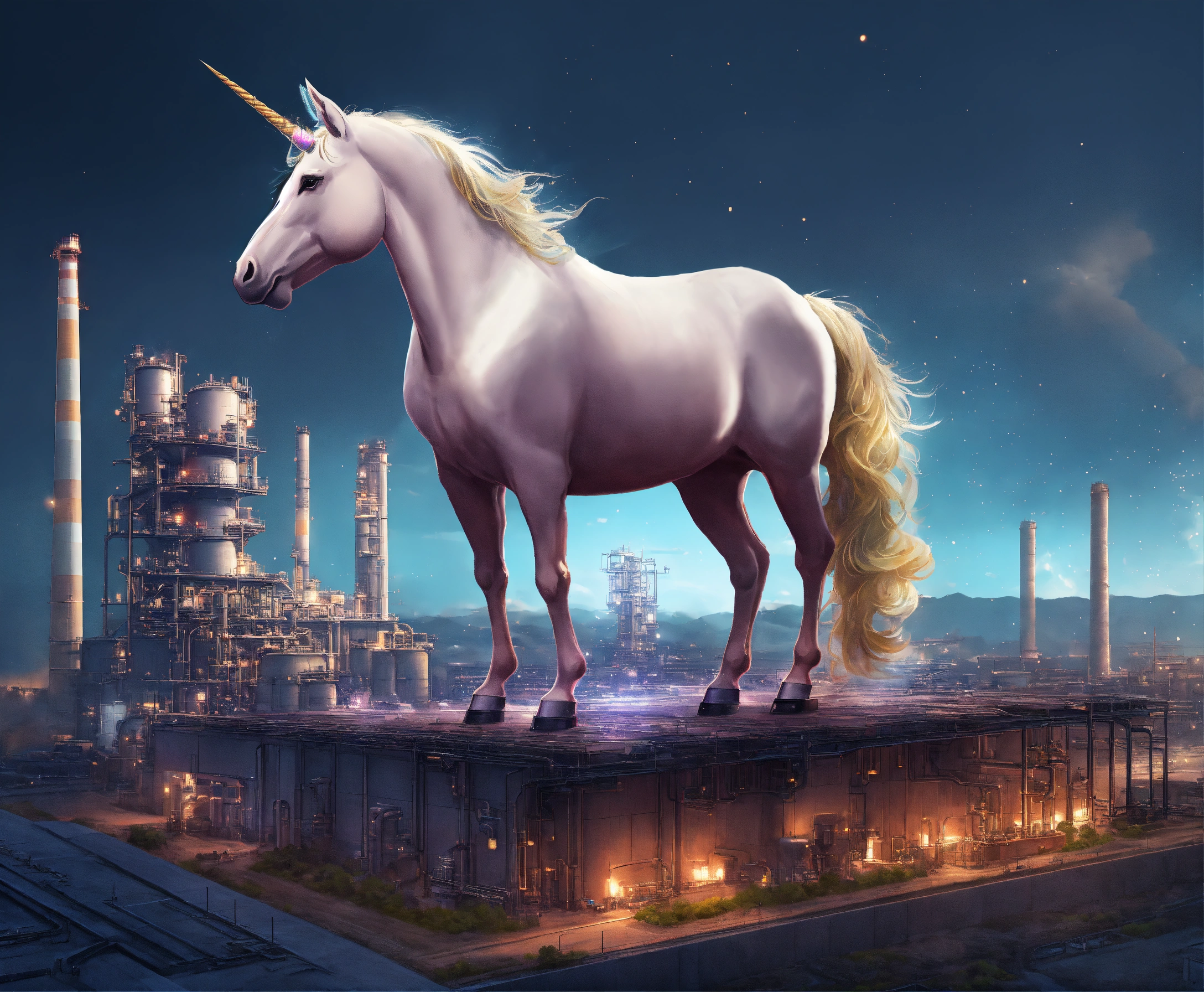 Lexica - Please design a tiny unicorn flying over an industrial power ...