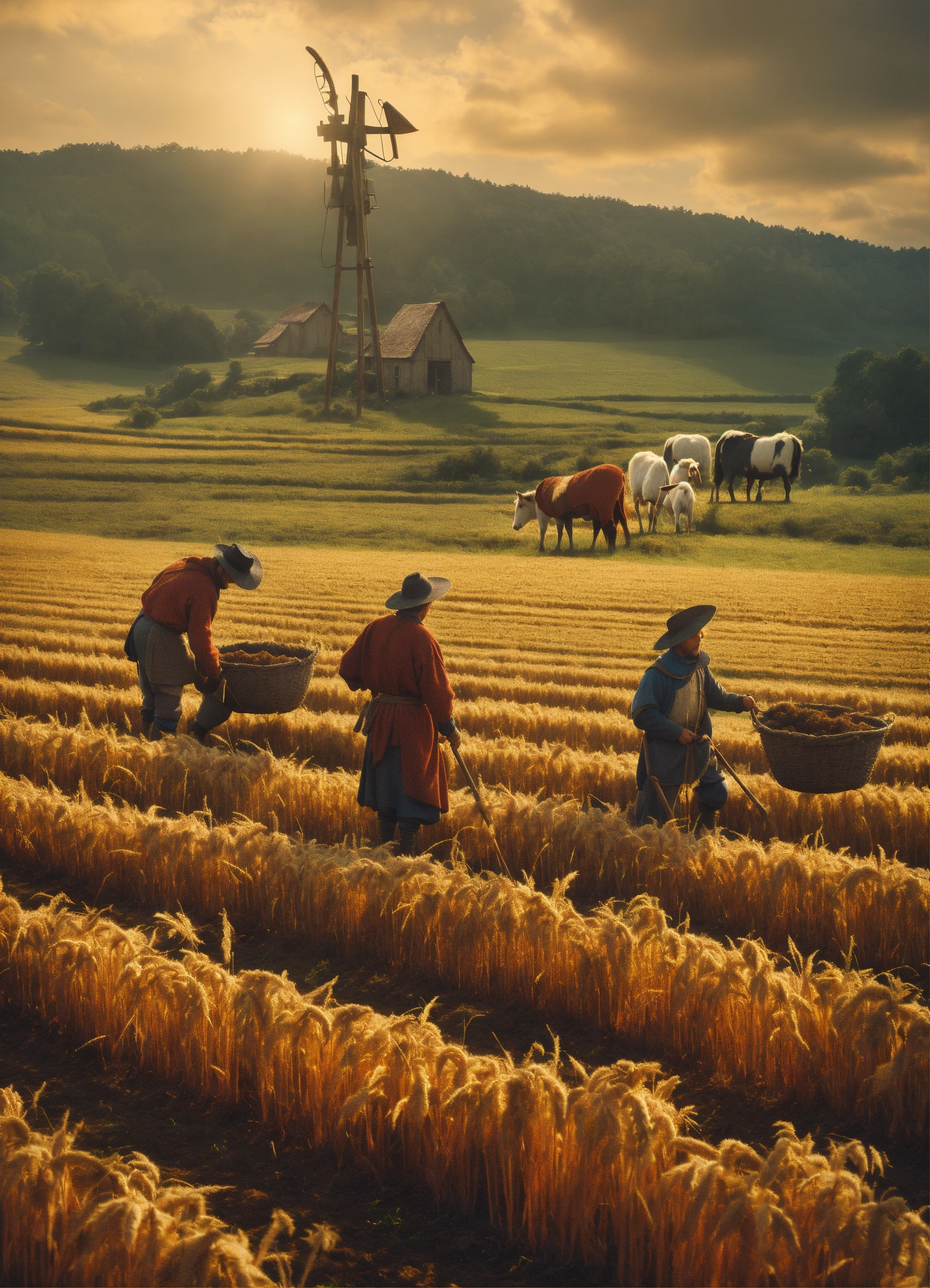 Lexica - Surreal digital art, medieval farmers working on field