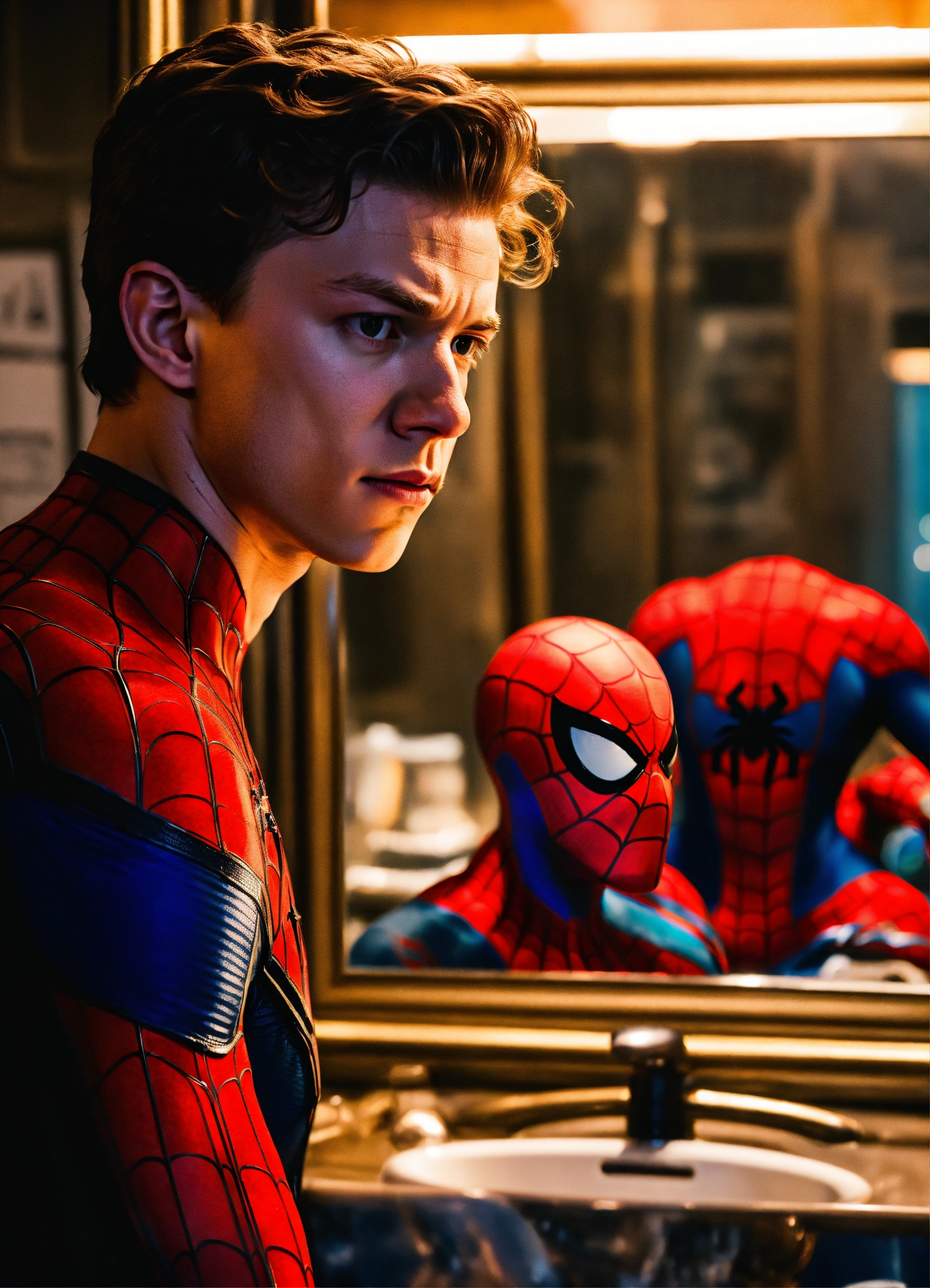 Lexica - Spider-Man tom holland looking at a mirror and seeing a Terry ...