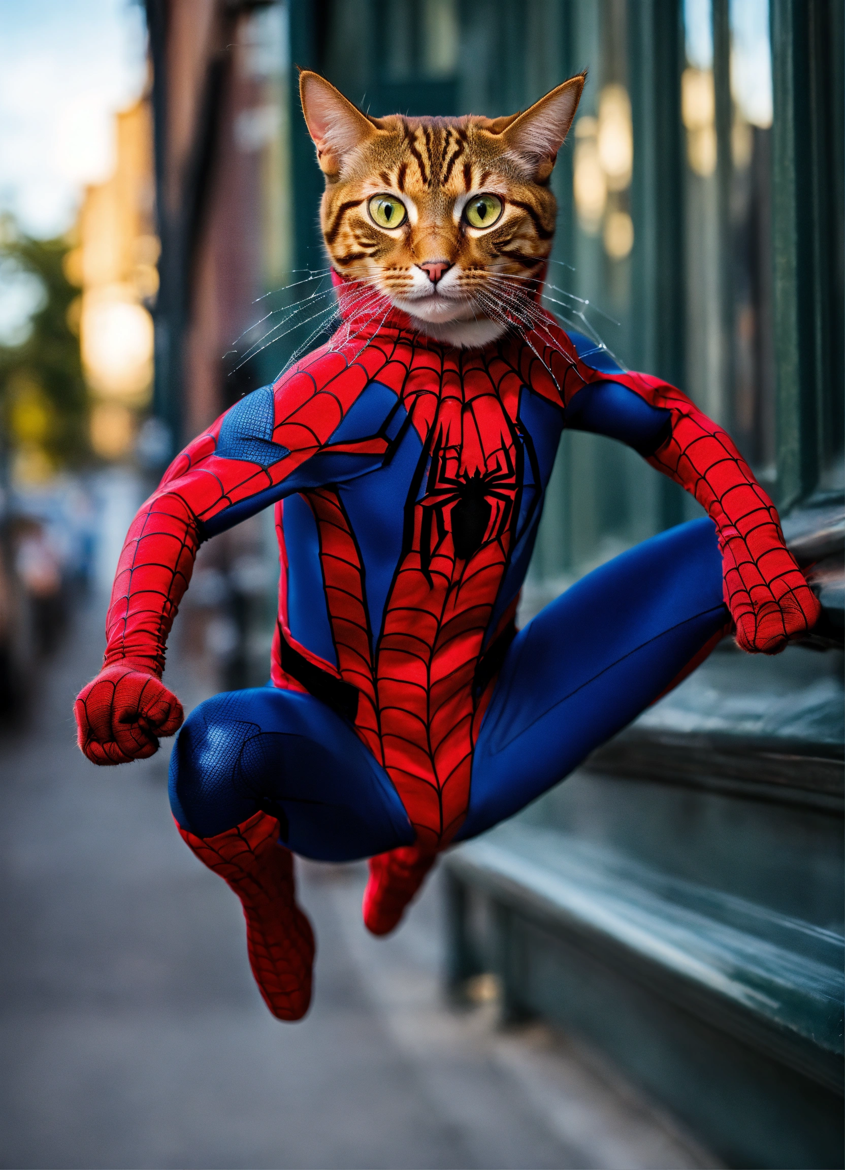 Lexica - A CAT in a spider-man costume flies around town on a spider web.