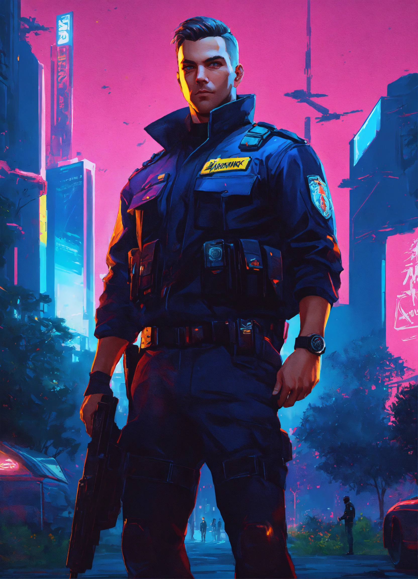 Lexica - Male university cop in dark blue uniform in a park , Cyberpunk ...