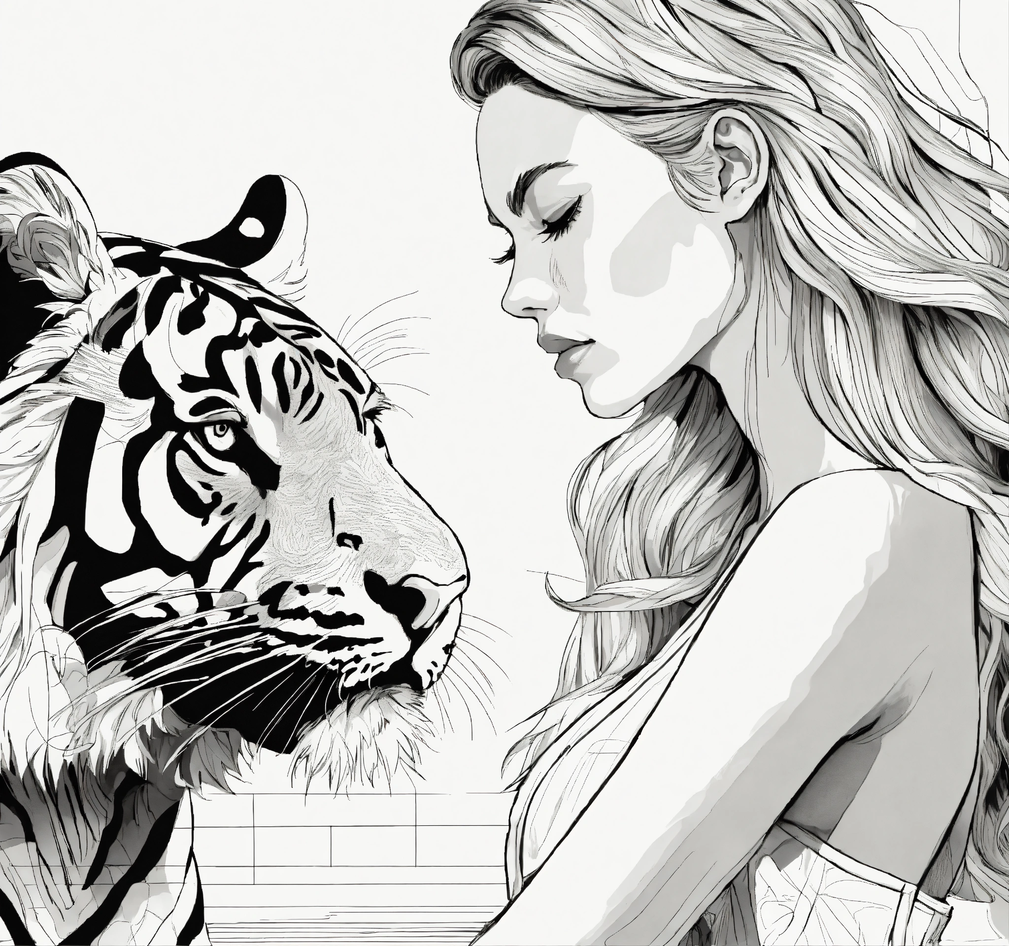 Lexica - Black and white bold line drawing, blonde woman, with tiger ...