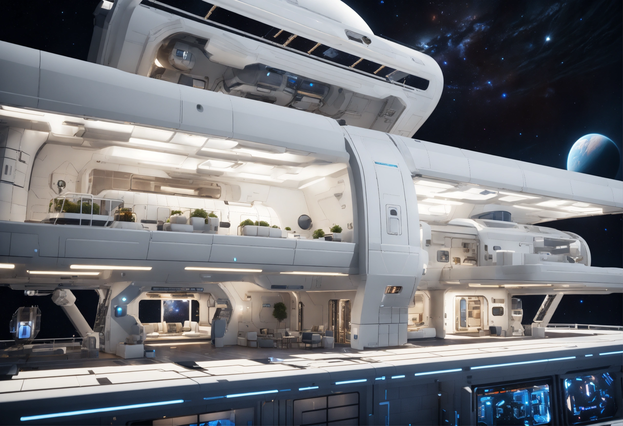 Lexica - Zoom out on a huge modern style white commercial space station ...