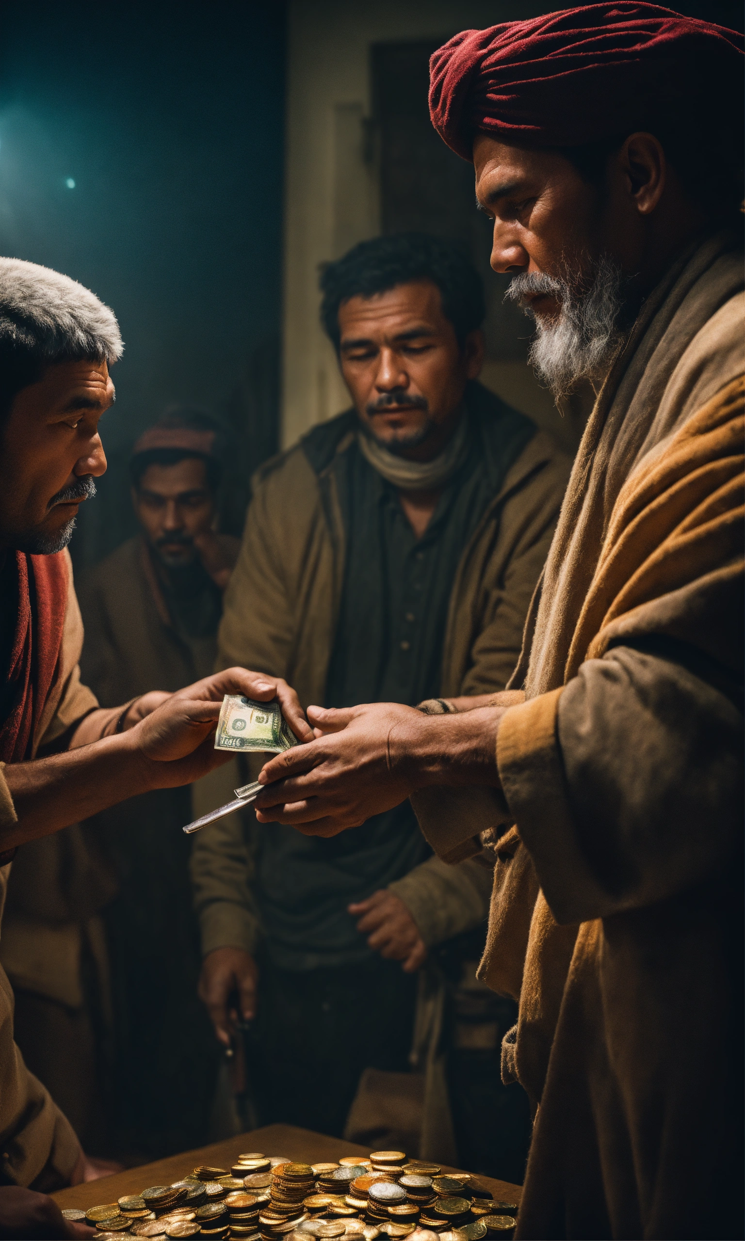 Lexica - A man giving money to a poor man, while holding a weapon with ...