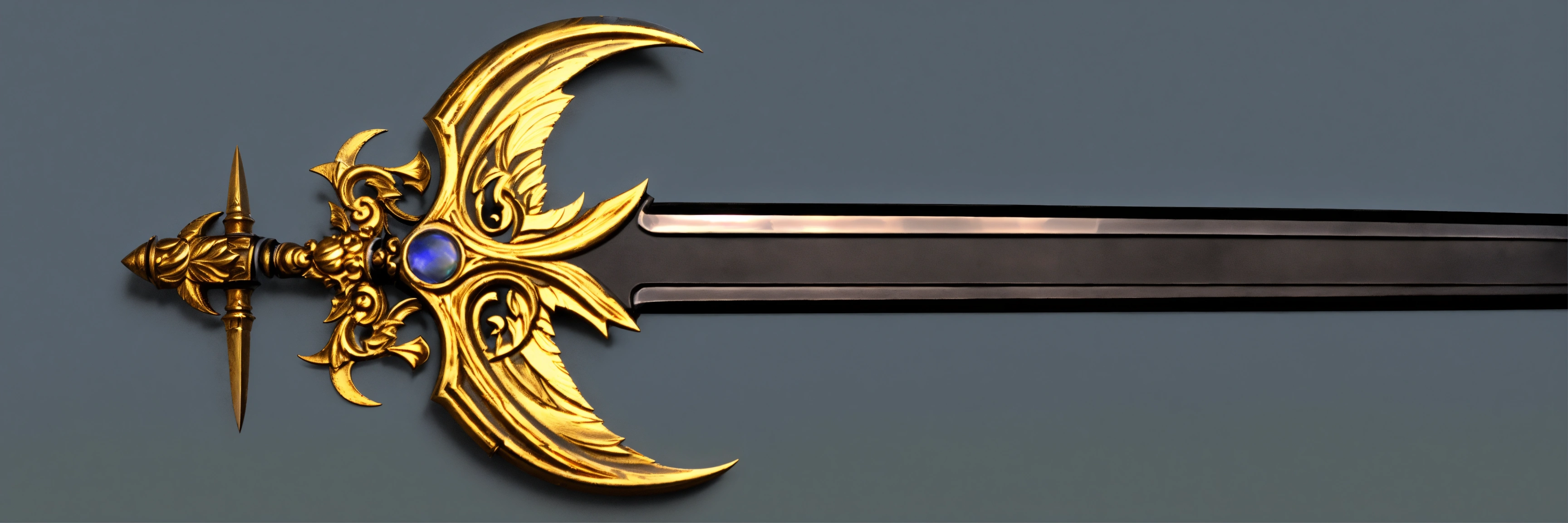 Lexica - Black bladed claymore sword with golden wolf head cross guard ...