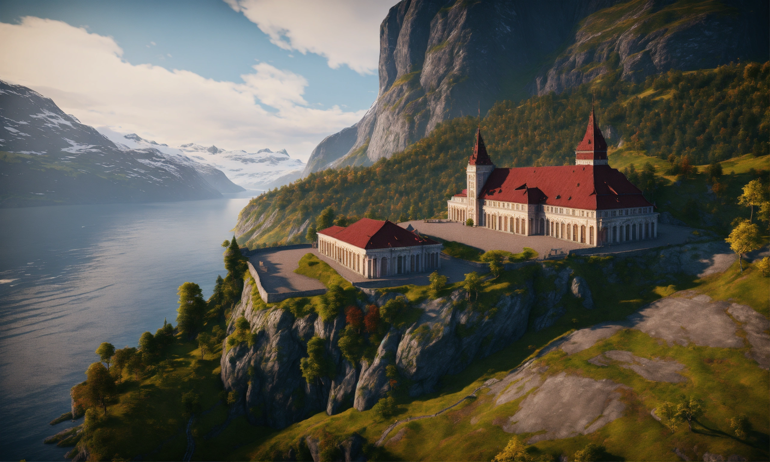 Lexica - Full image of a massive royal palace with a maroon roof on a cliff overlooking a Fjord ...