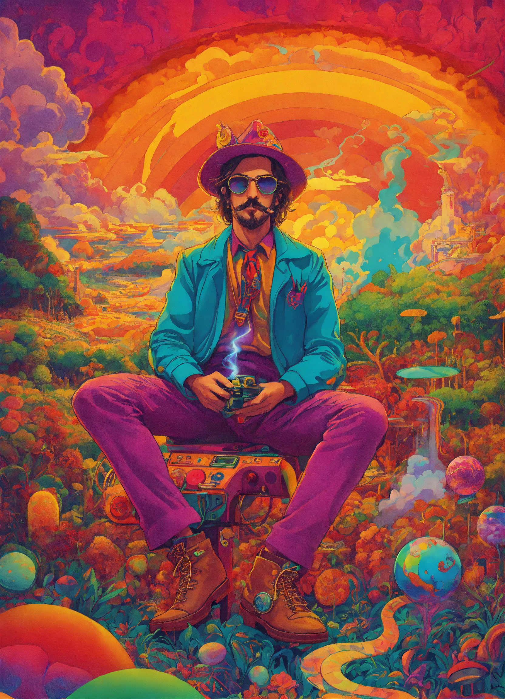 Lexica - Machine else psychedelic retro poster smoking a pipe in a ...