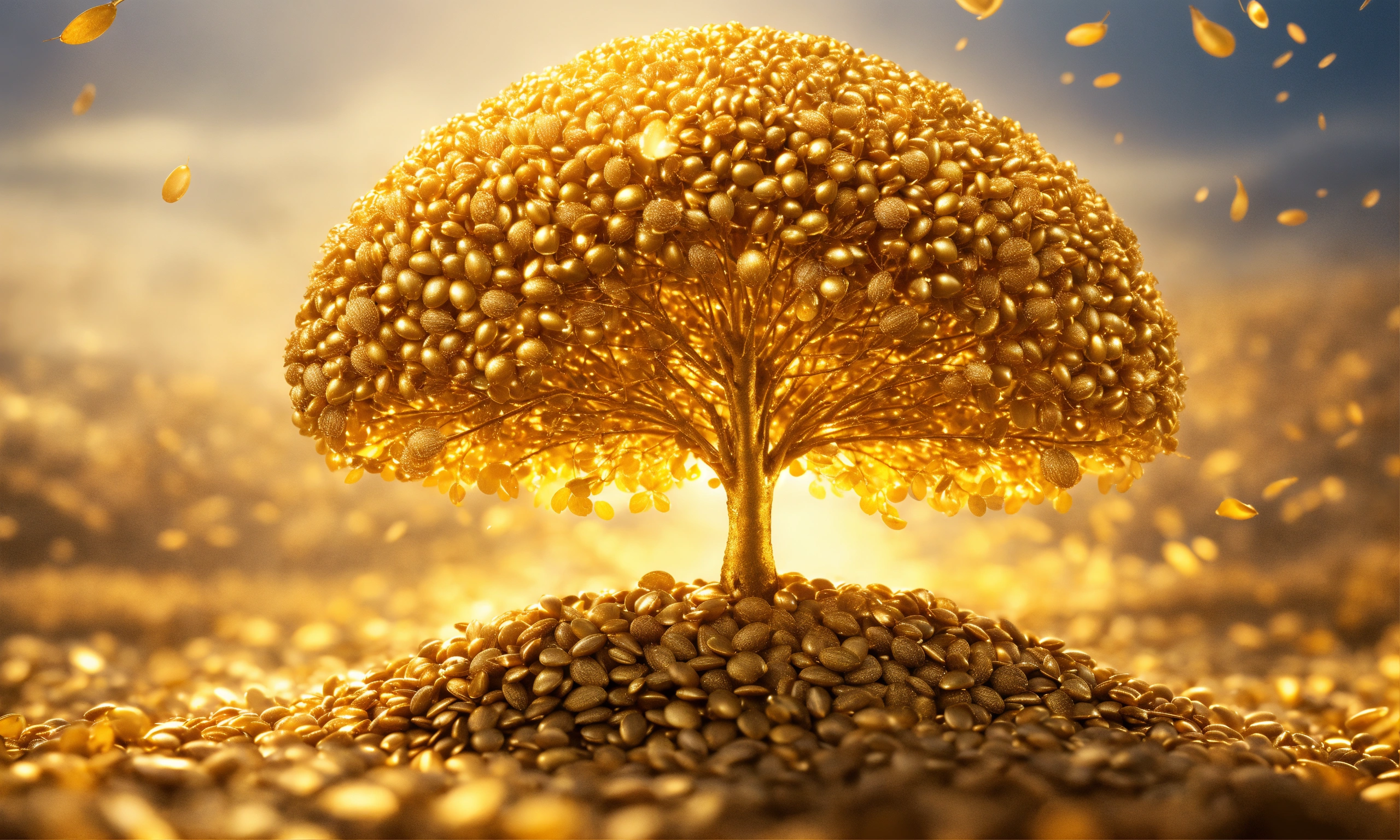 Lexica - A realistic photo of a golden seed that grows and becomes a ...