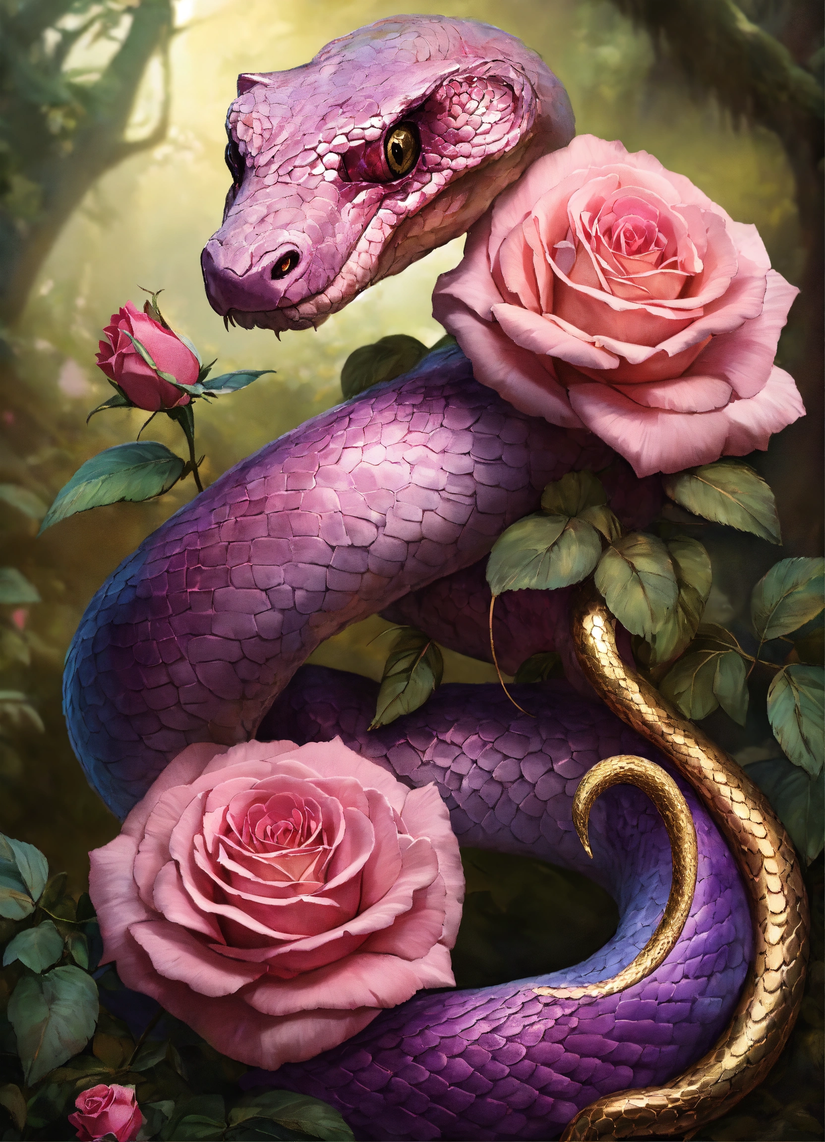 Lexica - Fairy tale large magic gold pink and purple snake pink roses ...