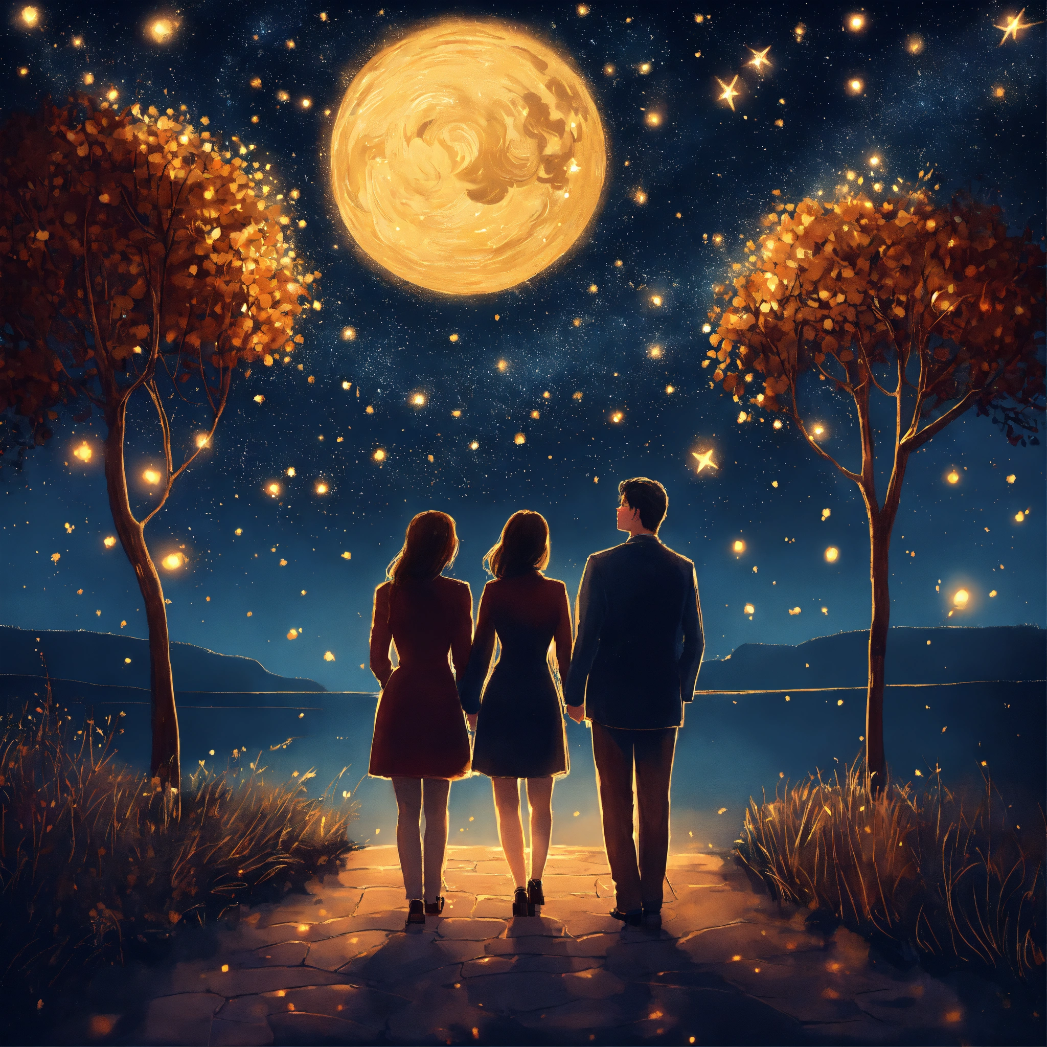 Lexica - Three lovers, starry night, realistic drawing style